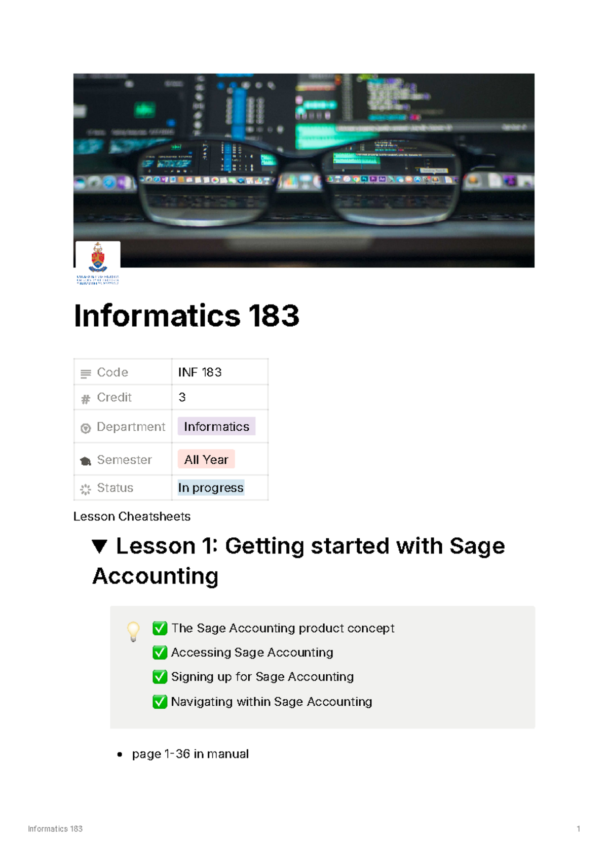 Informatics 183 Lesson 1-4 - Informatics 183 Code INF 183 Credit 3 Department Informatics ...
