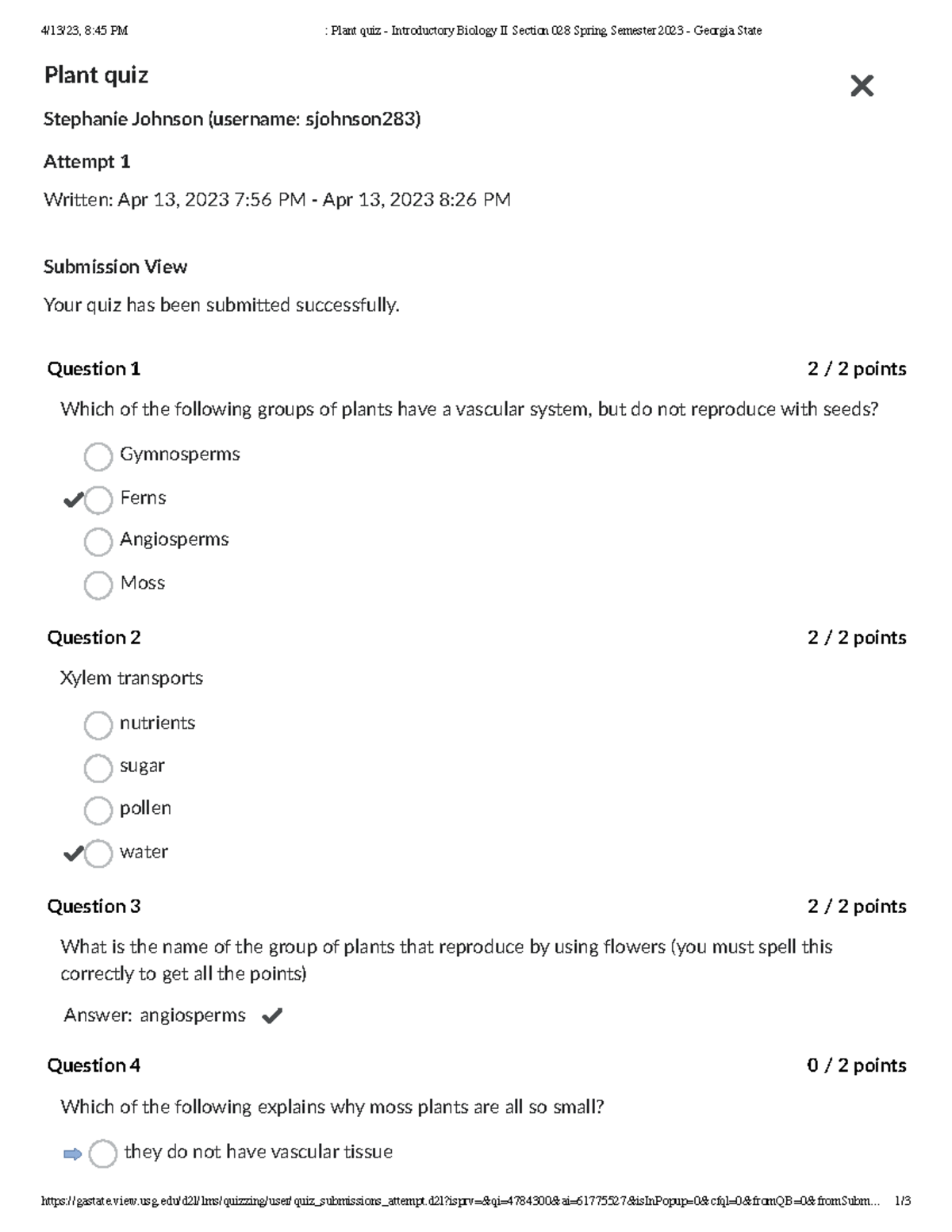 Plant quiz - Introductory Biology II Section 028 Spring Semester 2023 ...