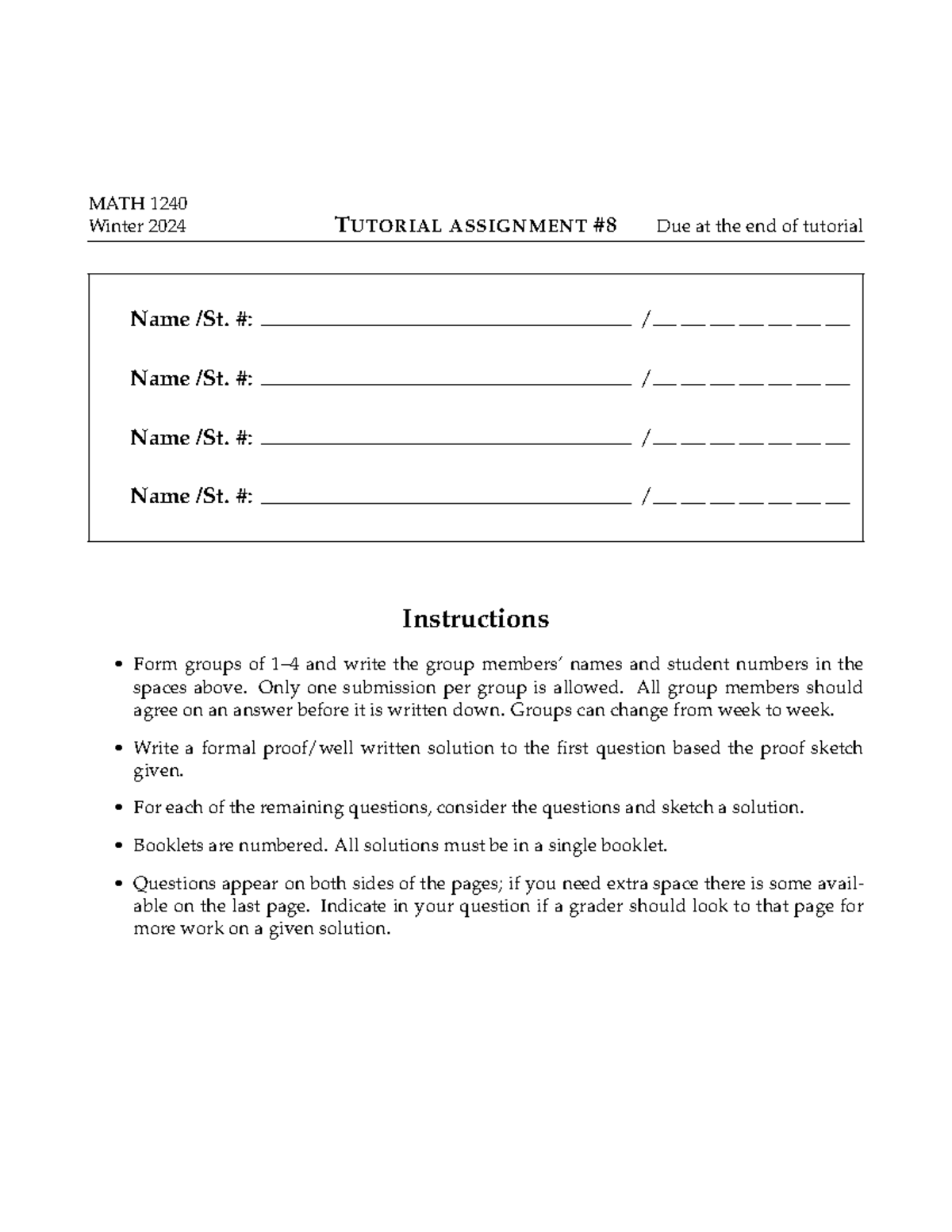 Lab assignment 8 - Enjoy - Winter 2024 TUTORIAL ASSIGNMENT #8 Due at the end of tutorial Name ...