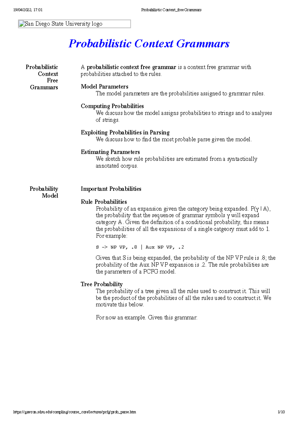Probabilistic Context free Grammars 1 - San Diego State University logo Probabilistic Context ...