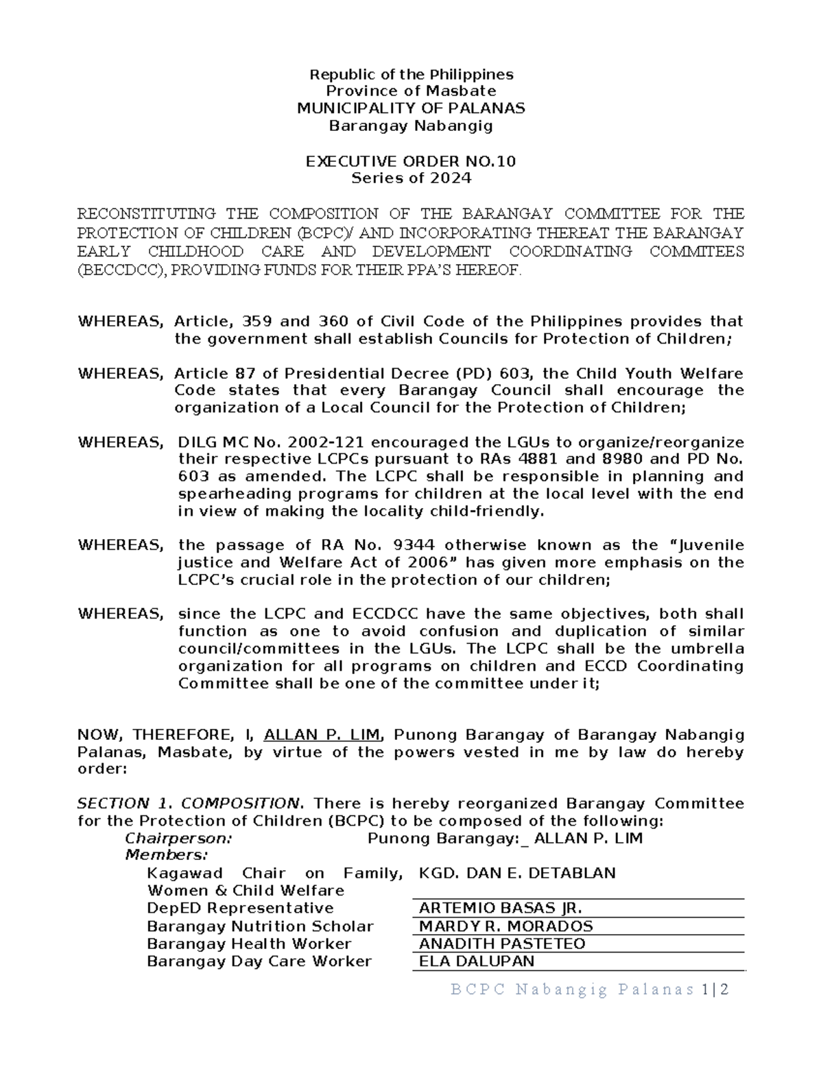EXECUTIVE ORDER - Republic of the Philippines Province of Masbate ...