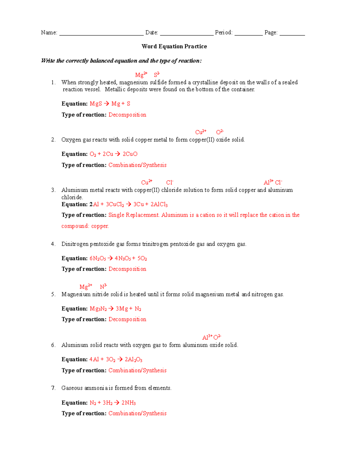 Word Equation Practice Answers - Name: ___________________________ Date
