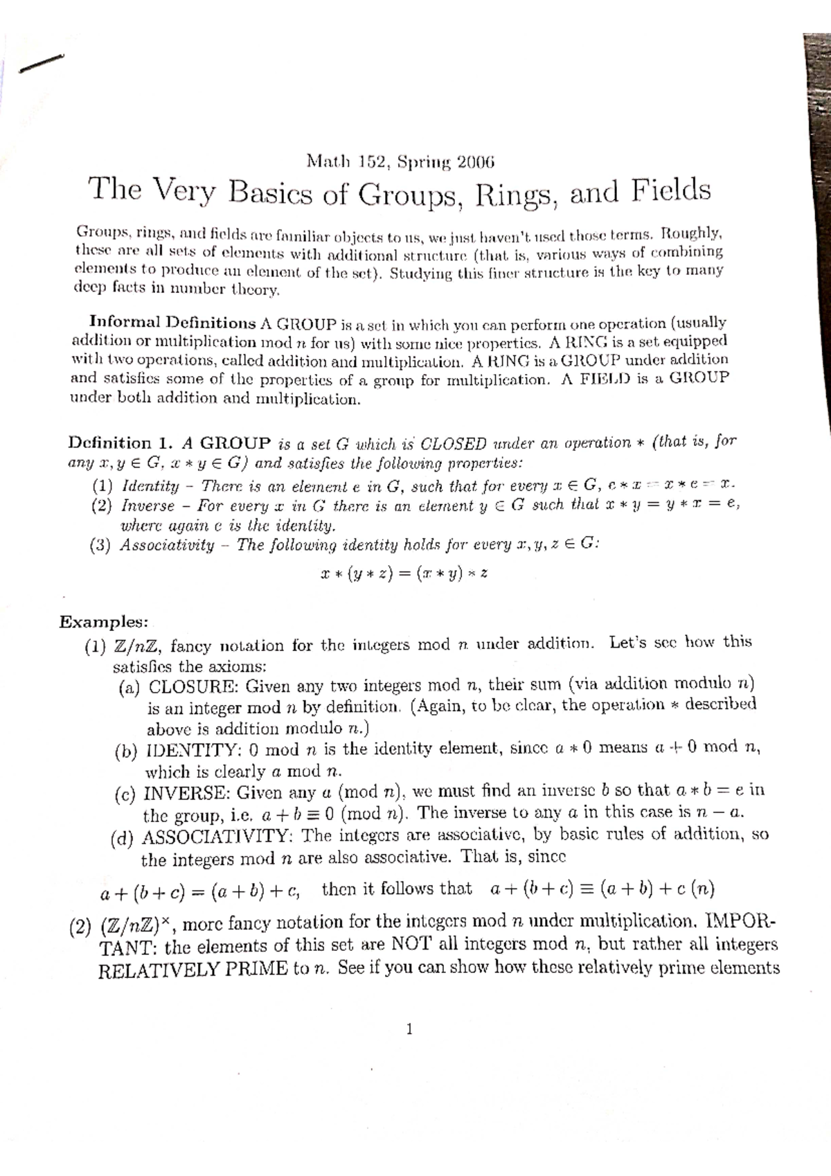 GT NOTE - ......... - Math 152, Spring 2006 The Very Basics of Groups ...
