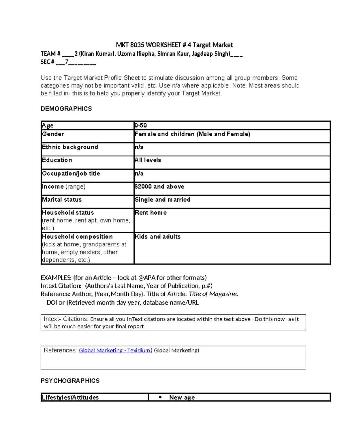 Market Target worksheet 4 - MKT 8035 WORKSHEET # 4 Target Market TEAM ...