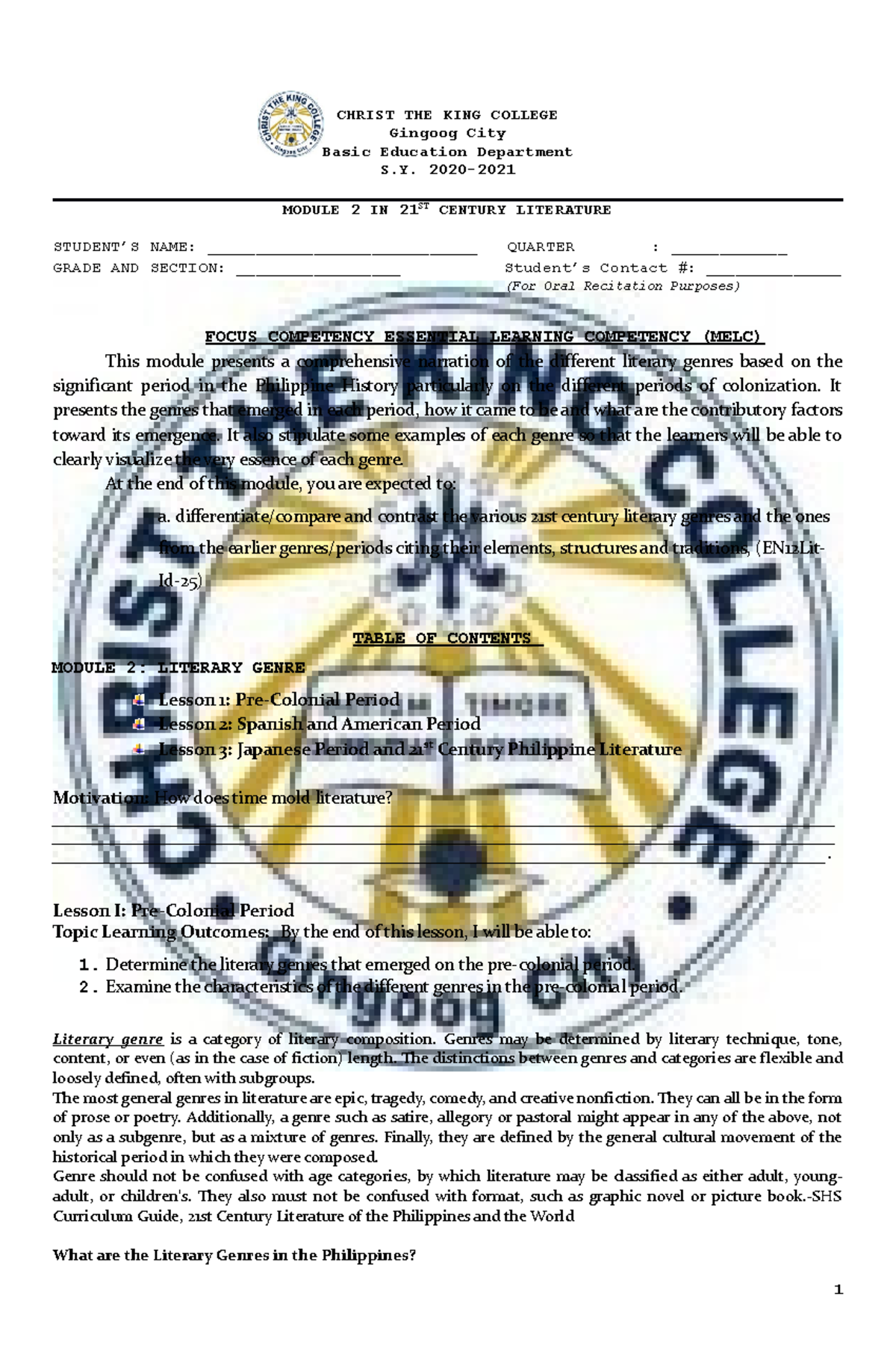 21st Century Literature- week 2 - CHRIST THE KING COLLEGE Gingoog City ...