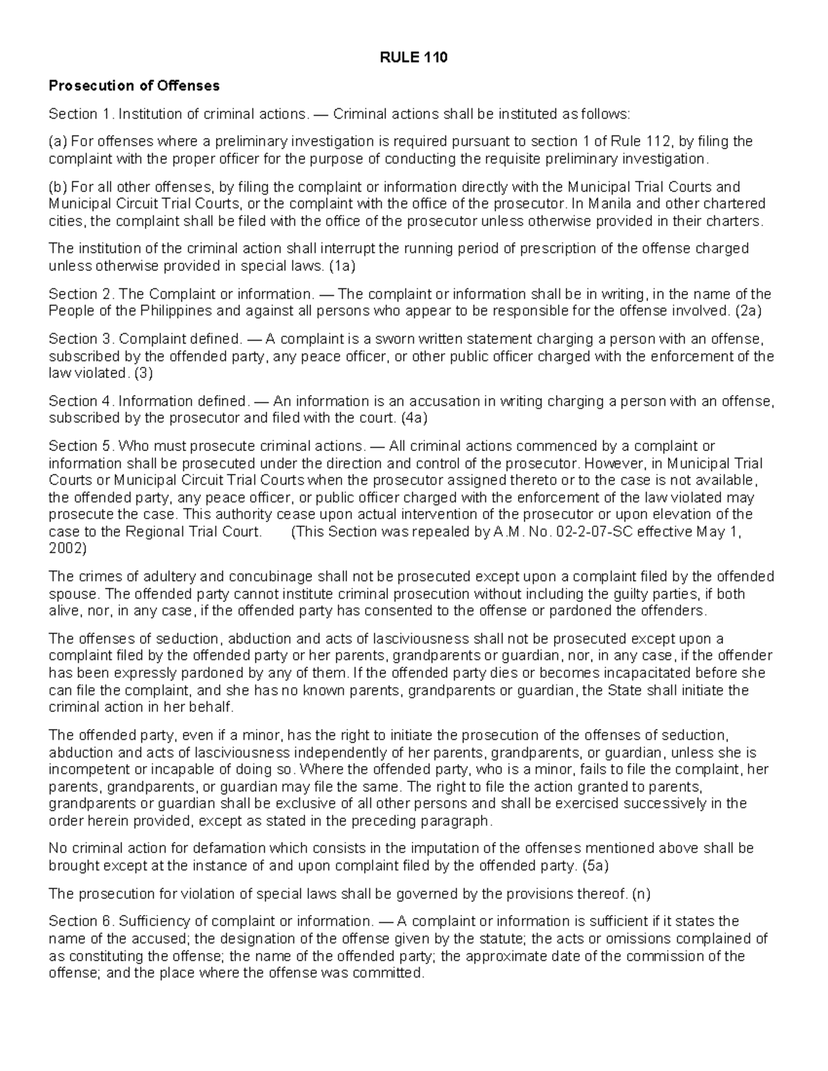 RULE 110 - RULE 110 Prosecution of Offenses Section 1. Institution of ...