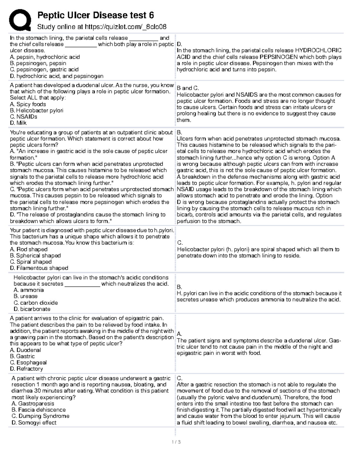 Pud - PUD sample question - Peptic Ulcer Disease test 6 Study online at ...
