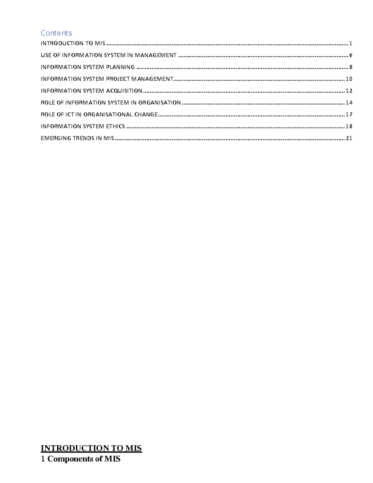 MIS - Computer programming - Contents INTRODUCTION TO MIS - Studocu