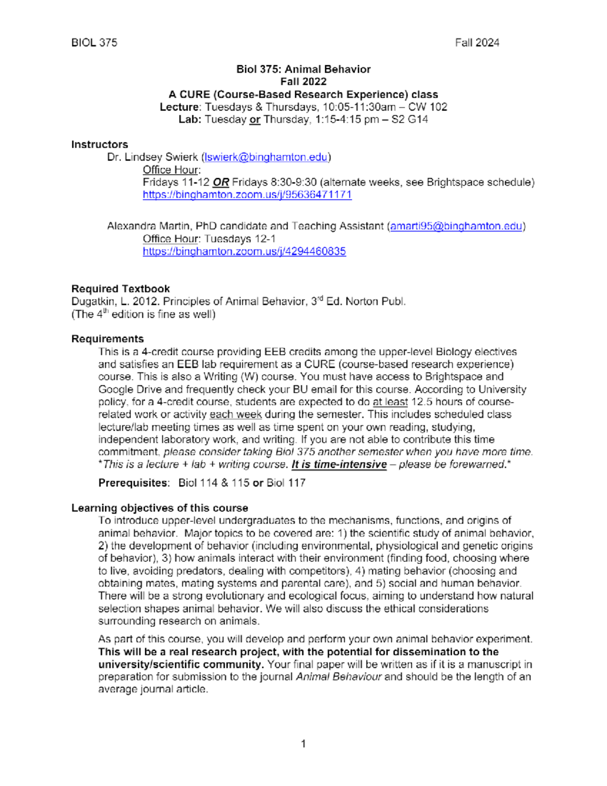 Syllabus Overview - Fall 2024 Animal Behavior (LEC) (BIOL-375-A 0 ...