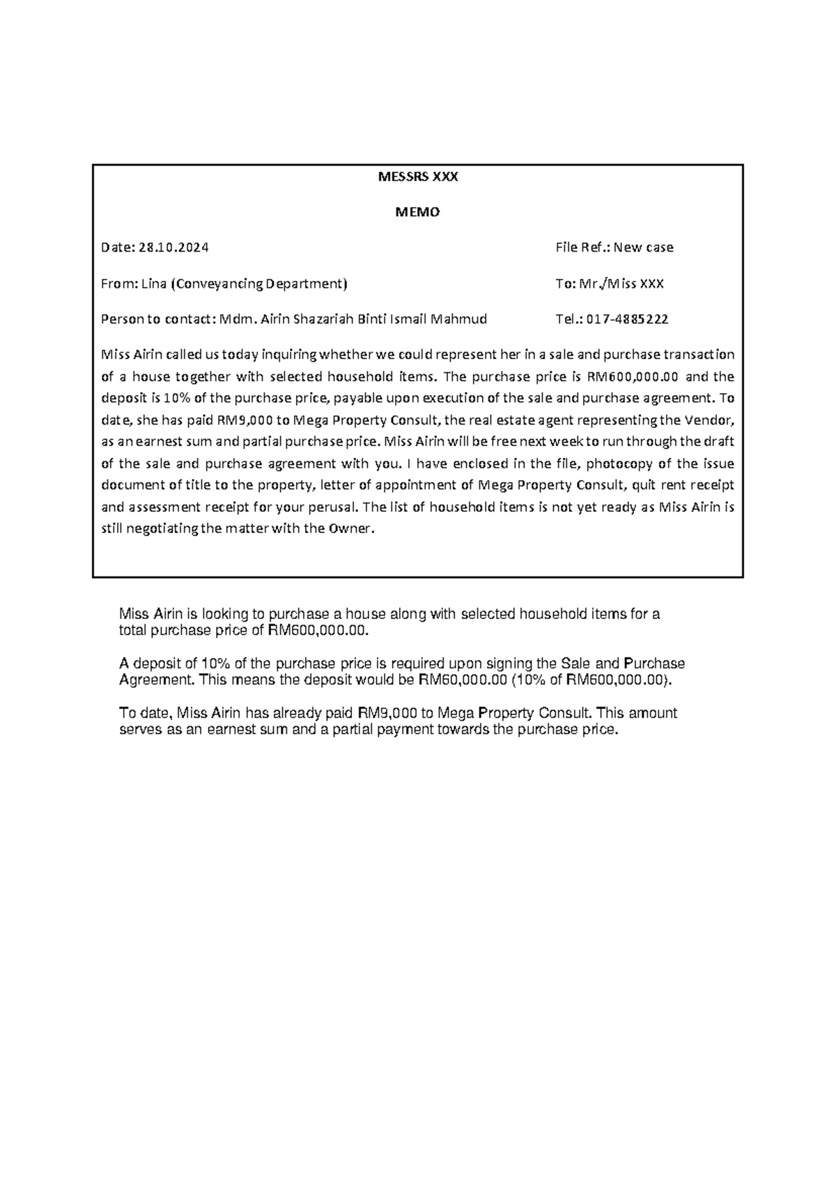 MEMO - instruction - MESSRS XXX MEMO Date: 28. 10 .202 4 File Ref.: New case From: Lina - Studocu