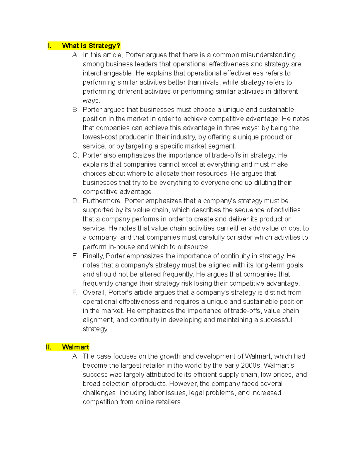 Case Reading Summaries - I. What is Strategy? A. In this article ...