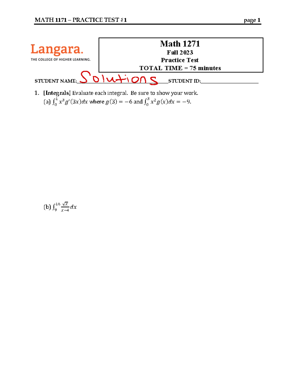 Fall 2023 Math 1271 Practice TEST 1 Solutions - MATH 1171 – PRACTICE ...