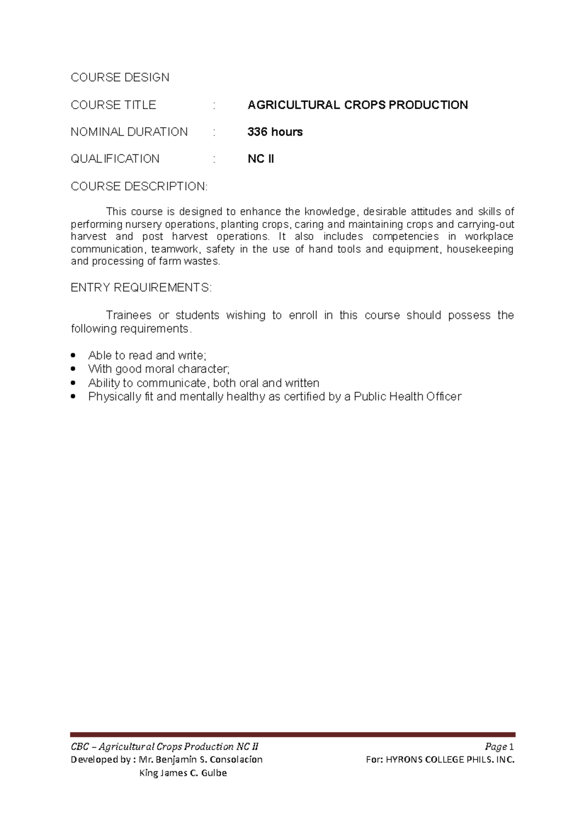 CBC Agricultural Crops Production NC II - COURSE DESIGN COURSE TITLE ...