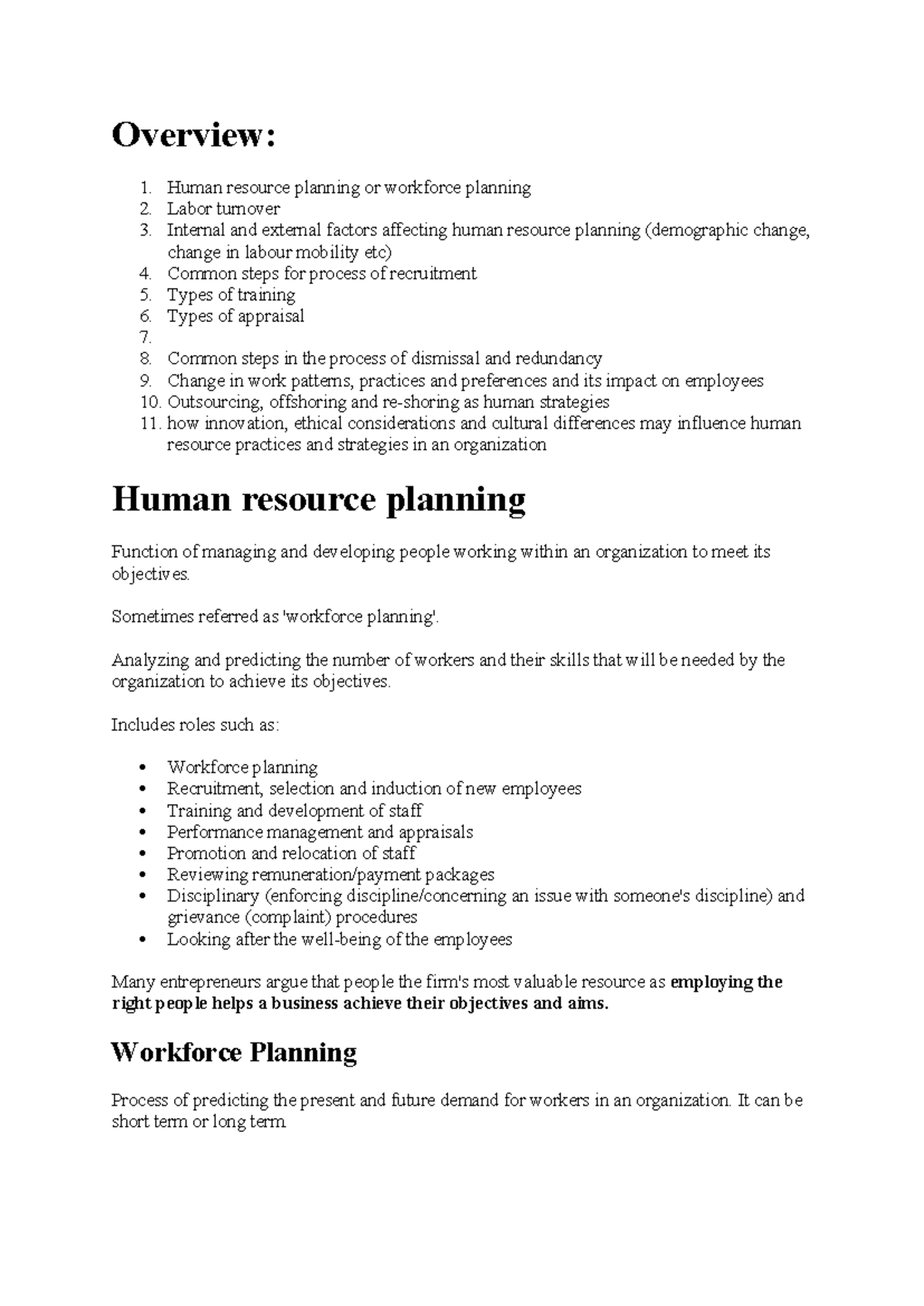 Overview of initial topics - Overview: 1. Human resource planning or ...