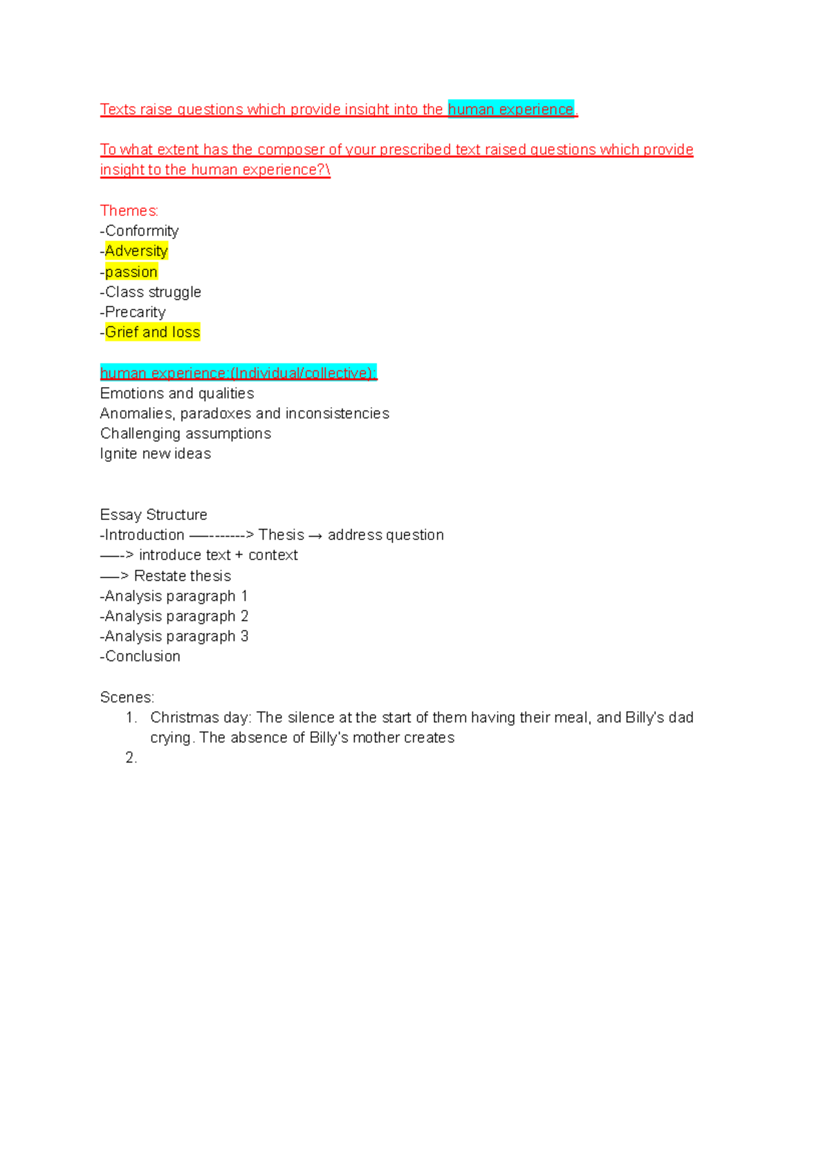 Billy Elliot - Common Module - Texts and Human Experience Essay - Texts ...