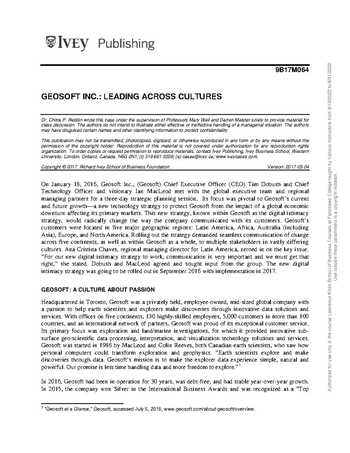 S22 MGMT 6140 Module 10 Geosoft Inc. - Leading Across Cultures - 9B17M GEOSOFT INC.: LEADING ...