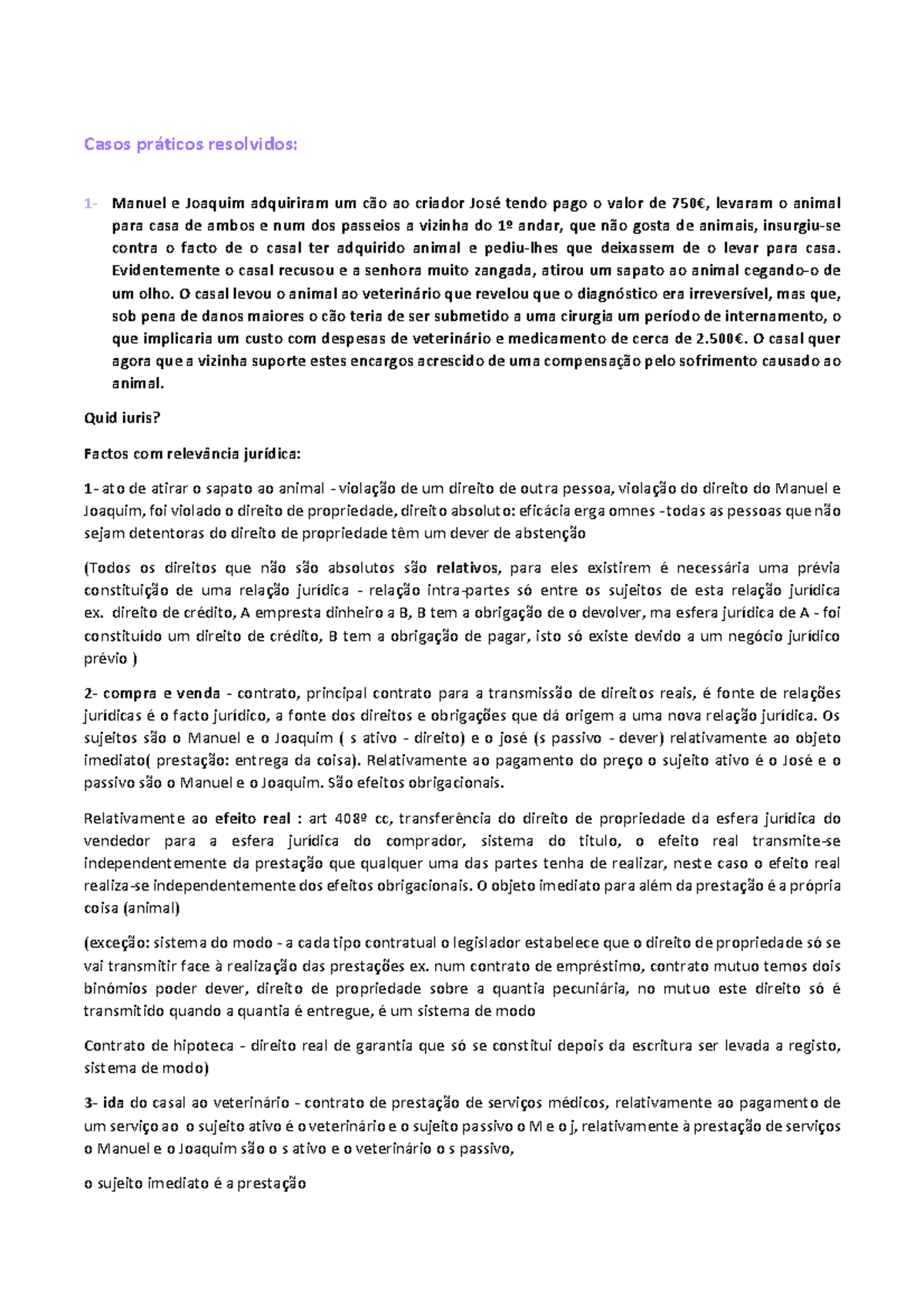 Casos dpsj - dpsj - Casos práticos resolvidos: 1 - Manuel e Joaquim adquiriram um cão ao criador ...