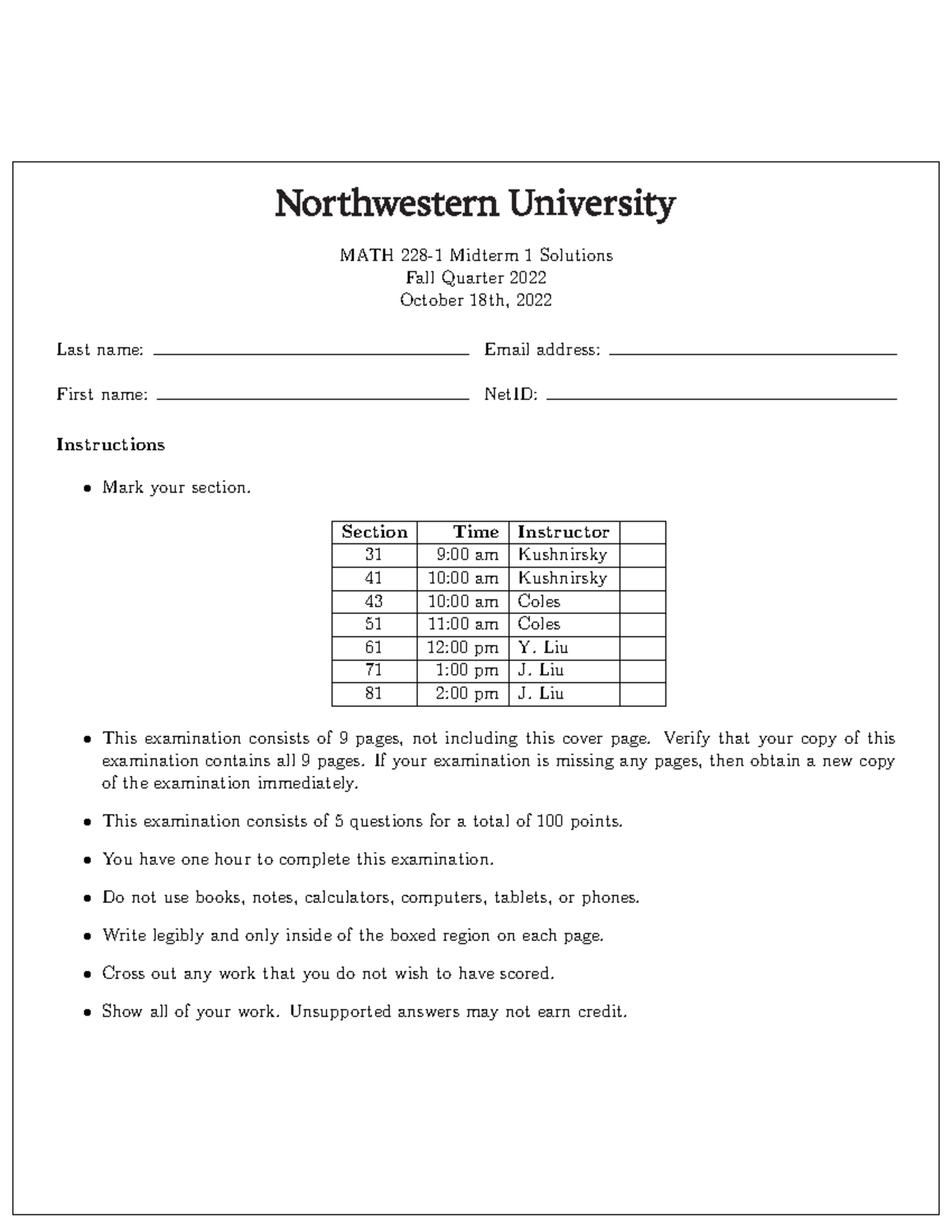 Exam 1 Solutions - MATH 228-1 Midterm 1 Solutions Fall Quarter 2022 ...