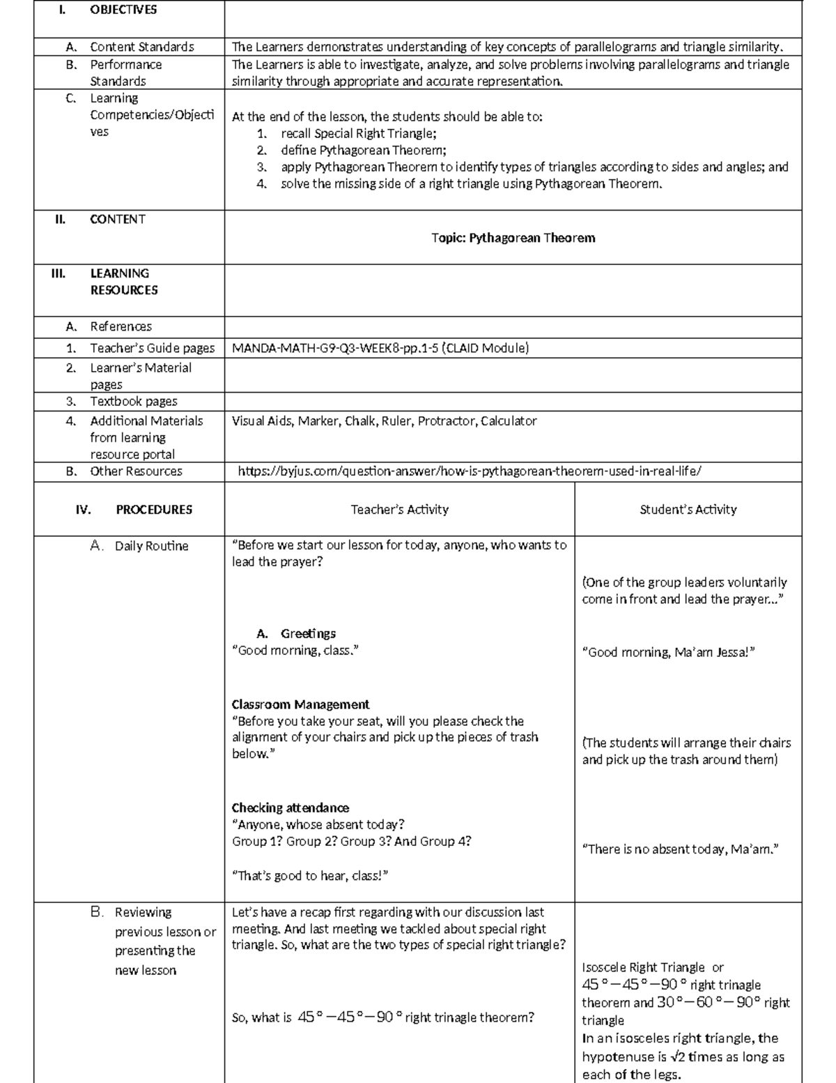 Pythagorean-Theorem - Guidelines for dlp - I. OBJECTIVES A. Content ...