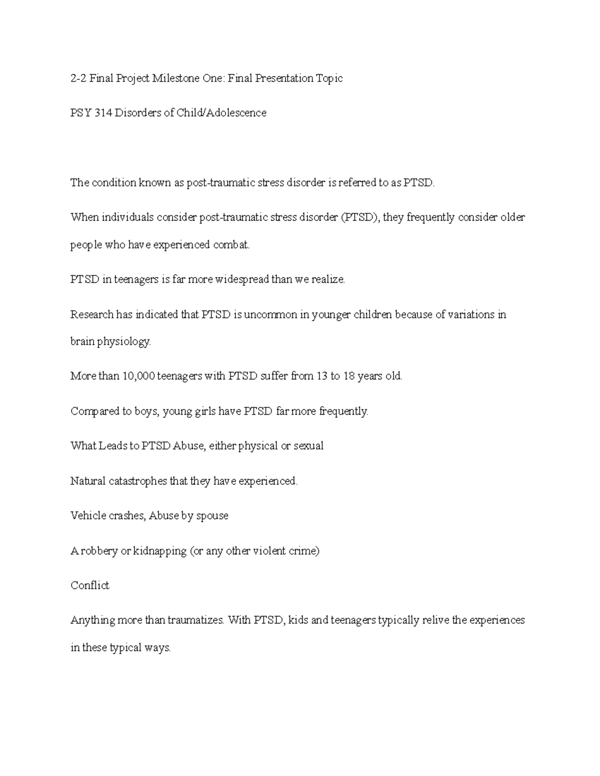 Ptsd - 2-2 Final Project Milestone One: Final Presentation Topic PSY 314 Disorders of - Studocu