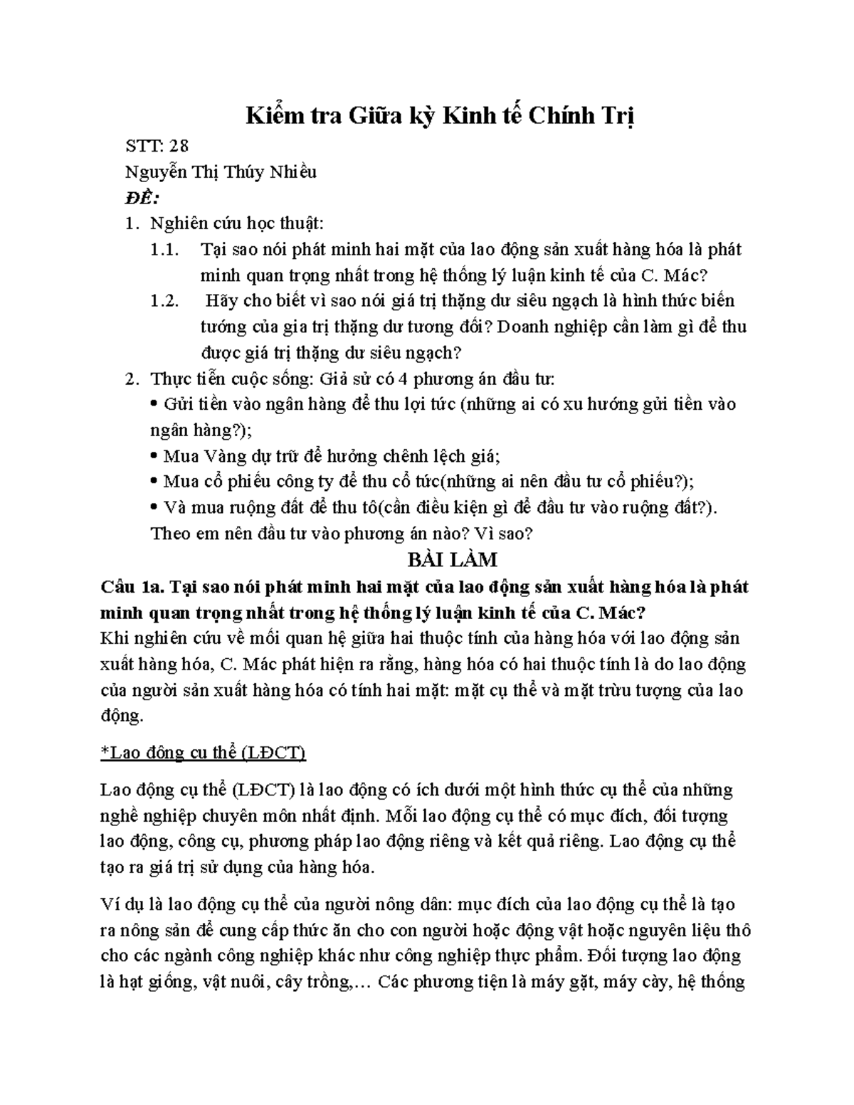 Gki - bài tập ktct - Kiểm tra Giữa kỳ Kinh tế Chính Trị STT: 28 Nguyễn Thị Thúy Nhiều ĐỀ: Nghiên ...