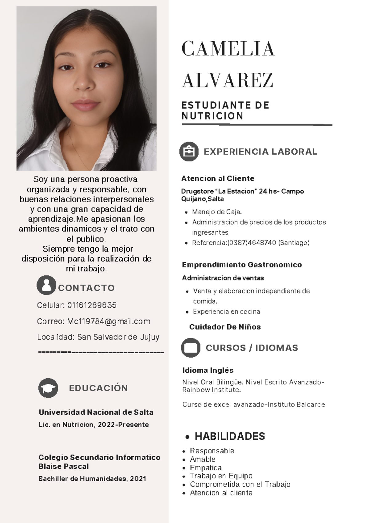 Curriculum Vitae de Mujer Profesional con Foto Femenino Rosa - CAMELIA ALVAREZ E S T U D I A N T ...