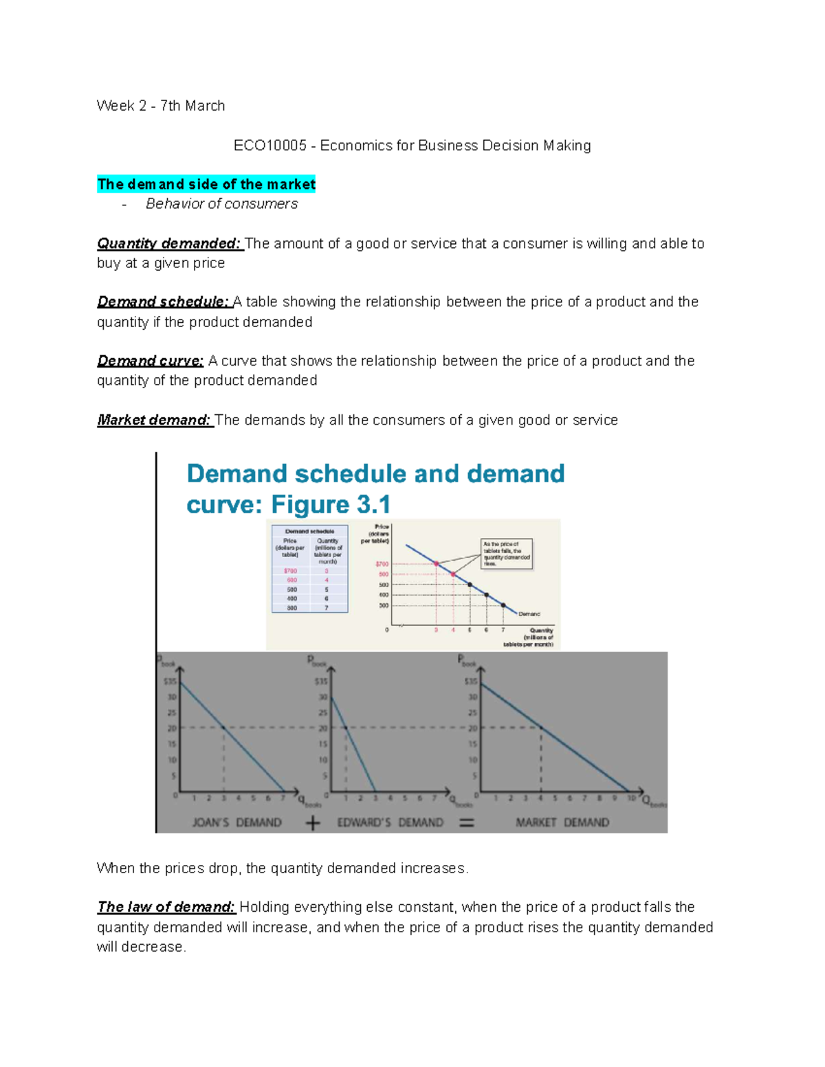 Week 2 Economic Notes - Week 2 - 7th March ECO10005 - Economics for ...