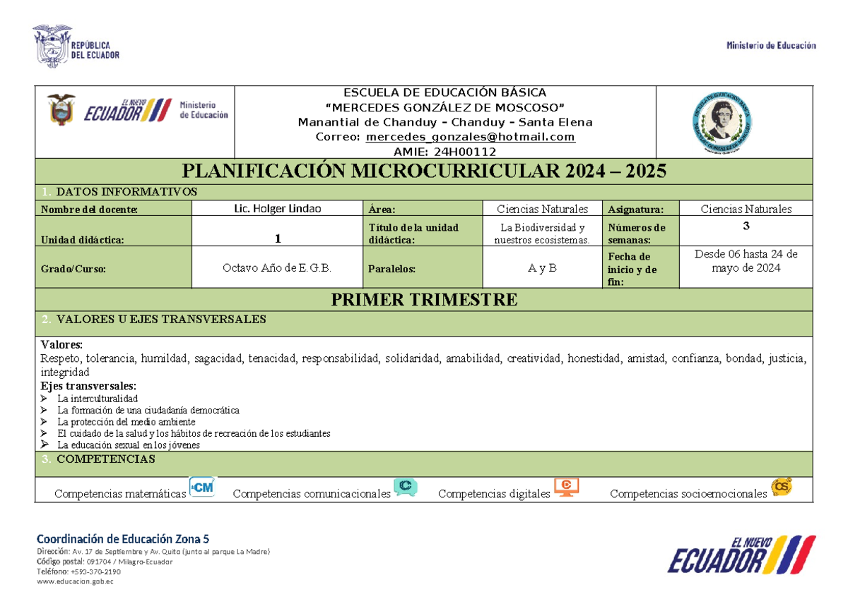8 CCNN Planificacion - Coordinación de Educación Zona 5 Dirección: Av. 17 de Septiembre y Av ...