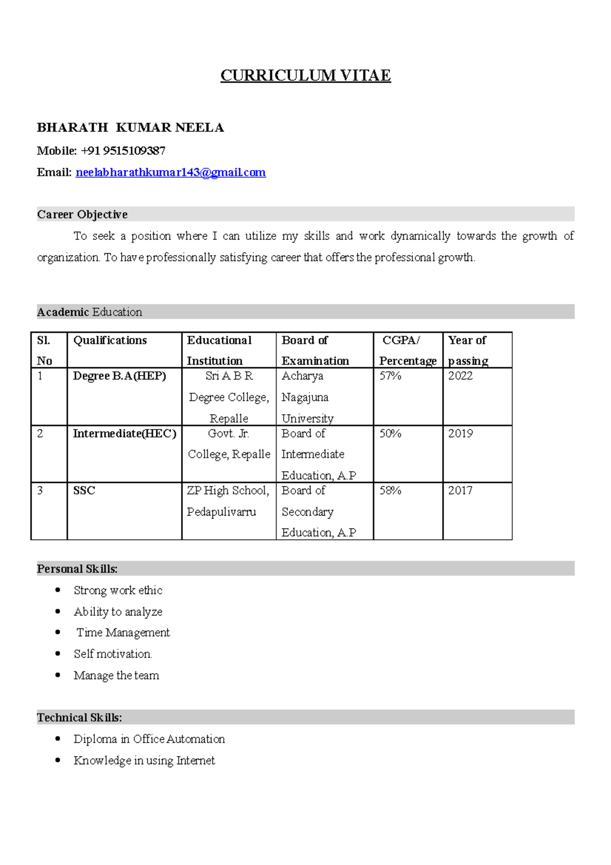 Bharath resume - CURRICULUM VITAE BHARATH KUMAR NEELA Mobile: +91 ...