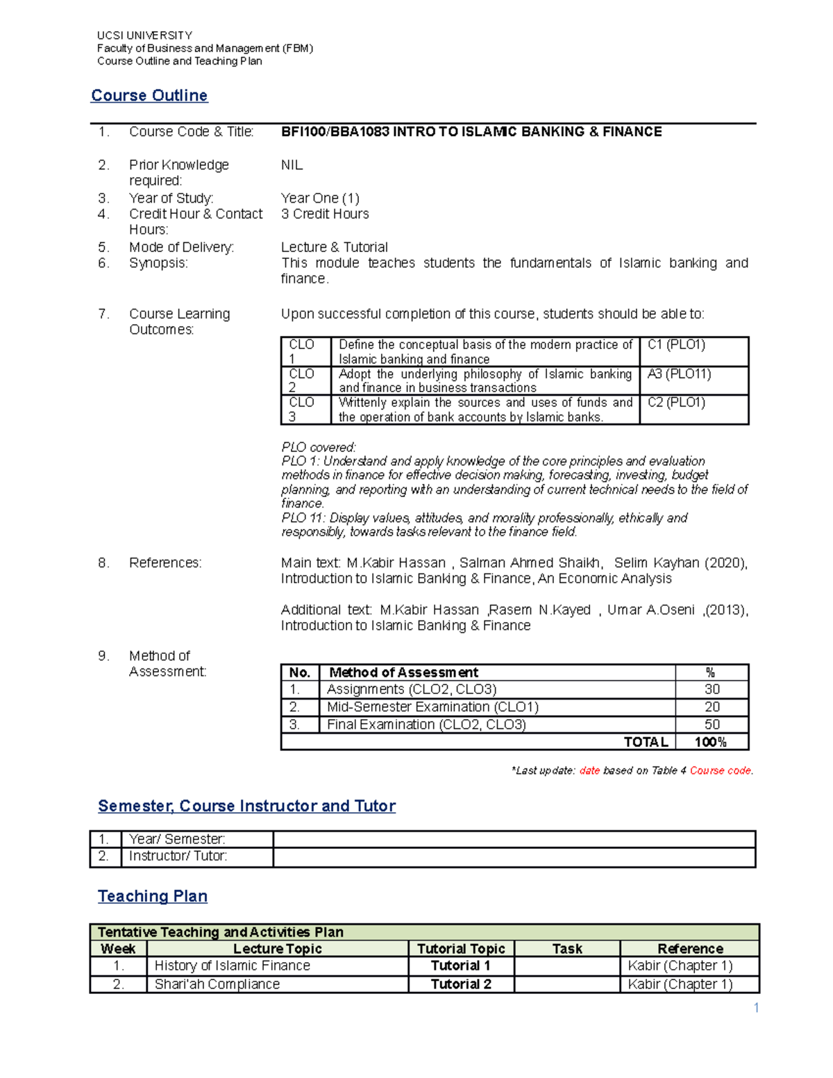 Teaching plan BFI100 Jan2023 - UCSI UNIVERSITY Faculty of Business and ...