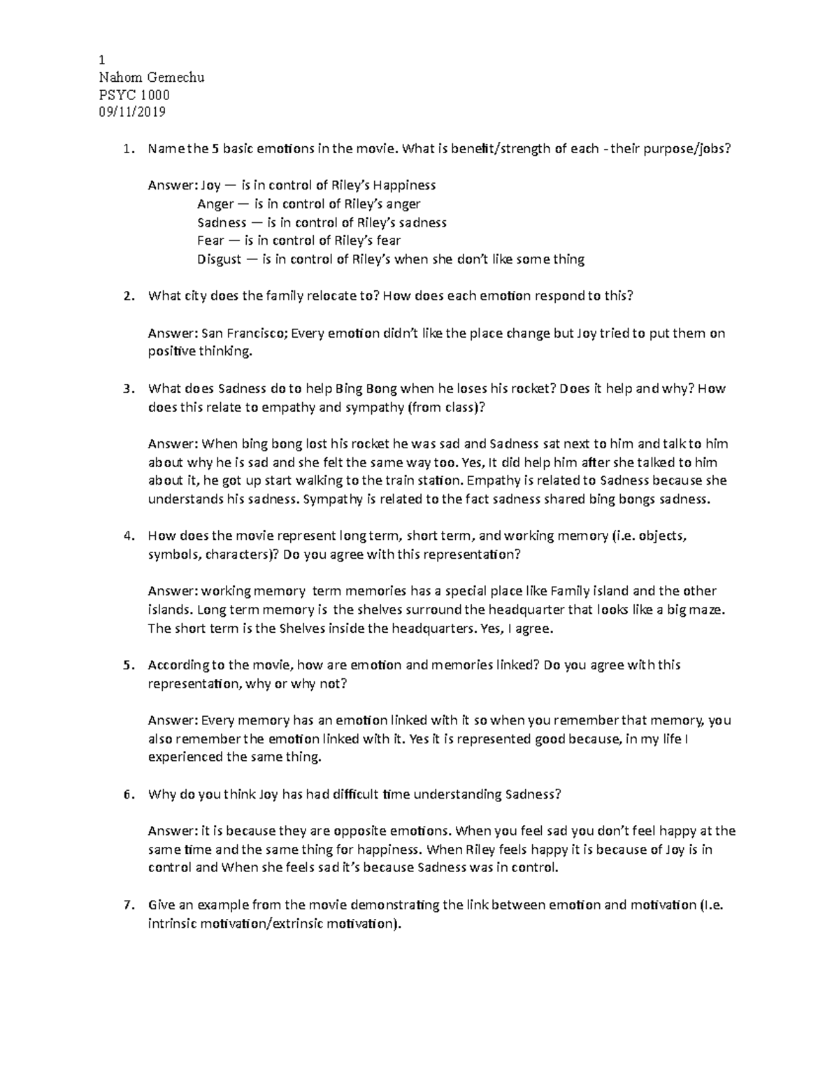 Inside out paper - Grade: A - 1 Nahom Gemechu PSYC 1000 09/11/ Name the ...