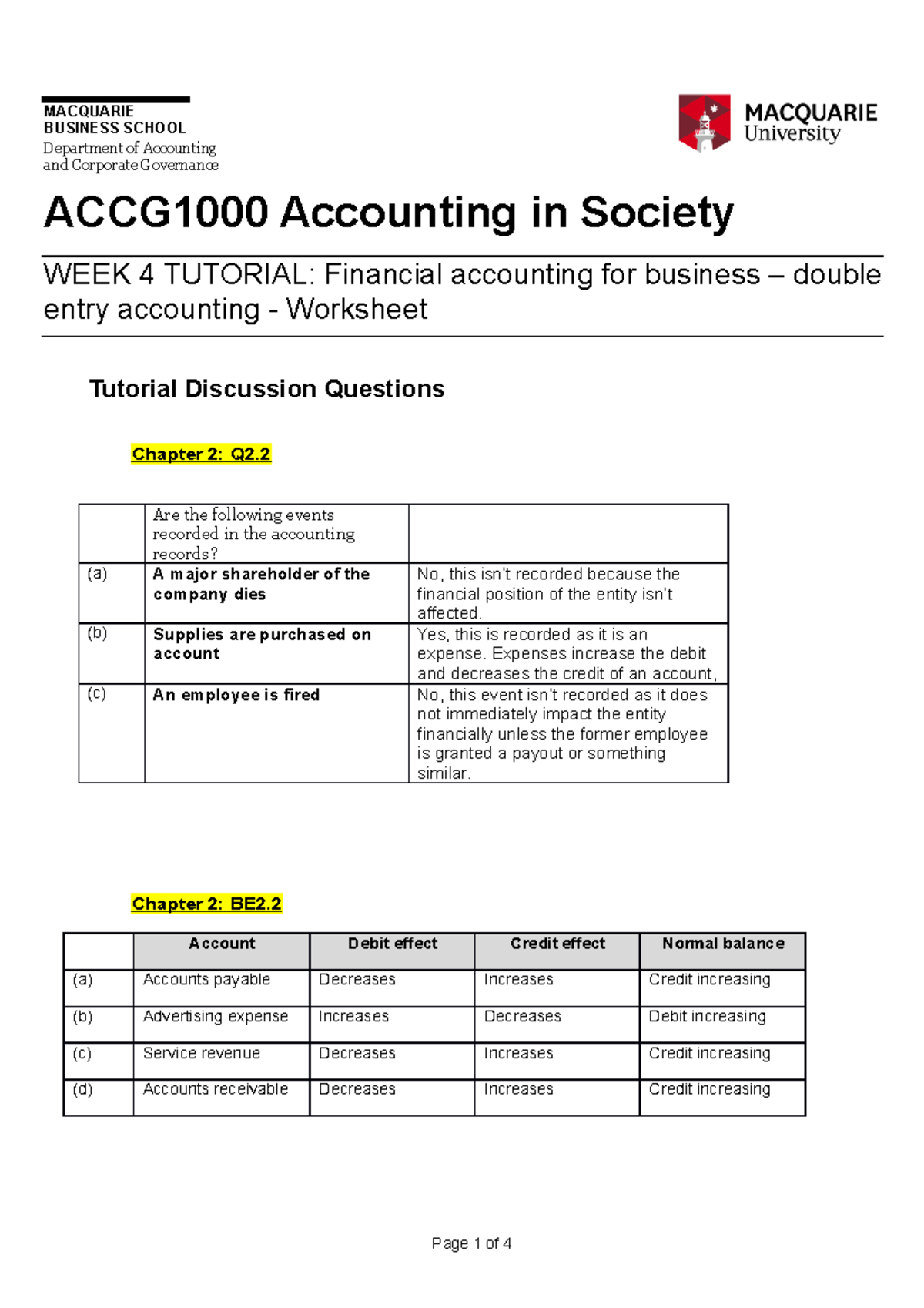 Week 4 Tutorial Workbook - MACQUARIE BUSINESS SCHOOL Department of ...