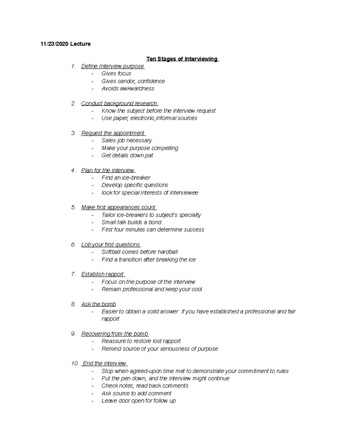 Lecture Ten Stages of Interviewing - 11/23/2020 Lecture Ten Stages of ...