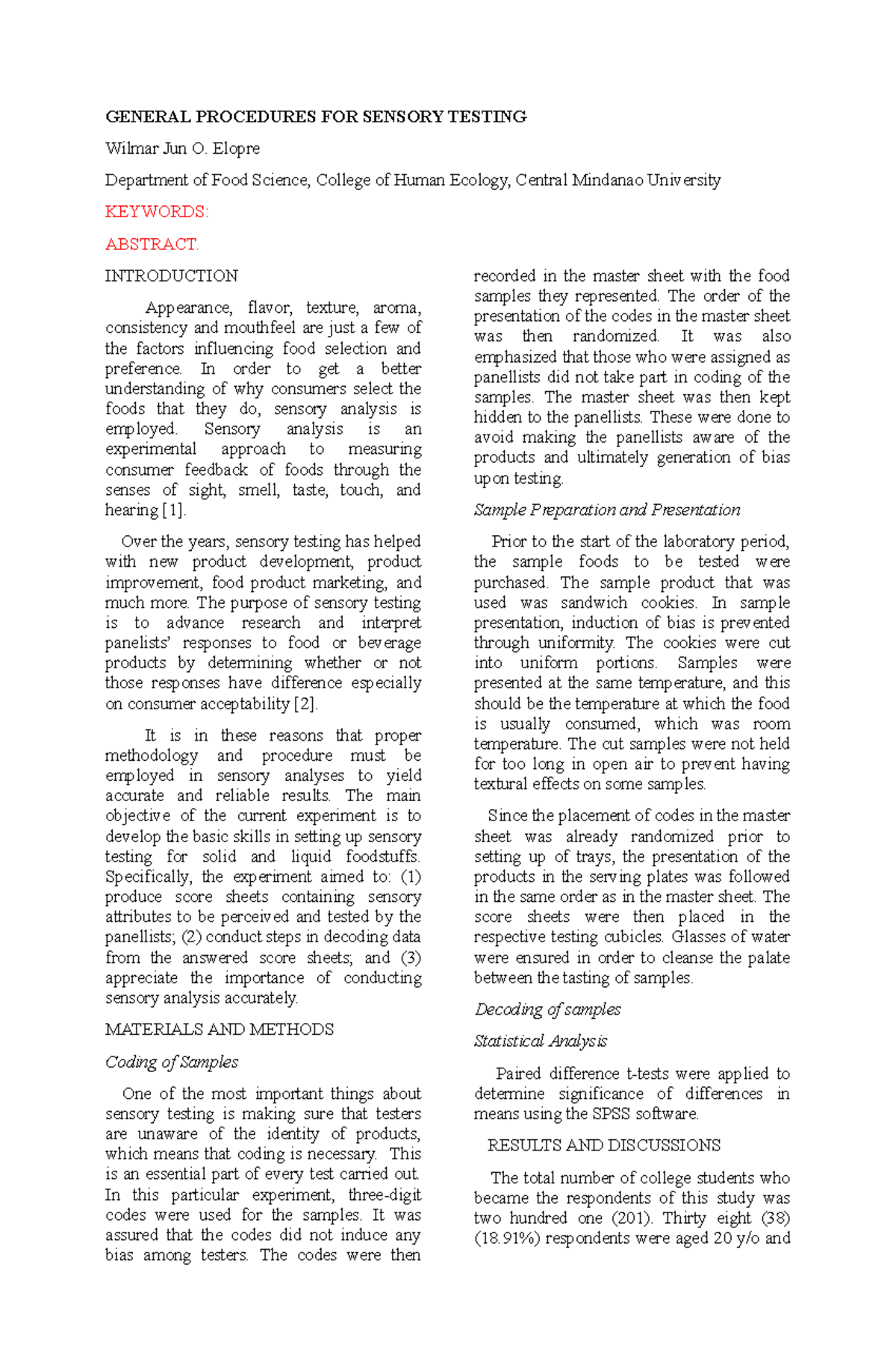 Sensory Lab Report 1 - This is the workbook for students - GENERAL ...