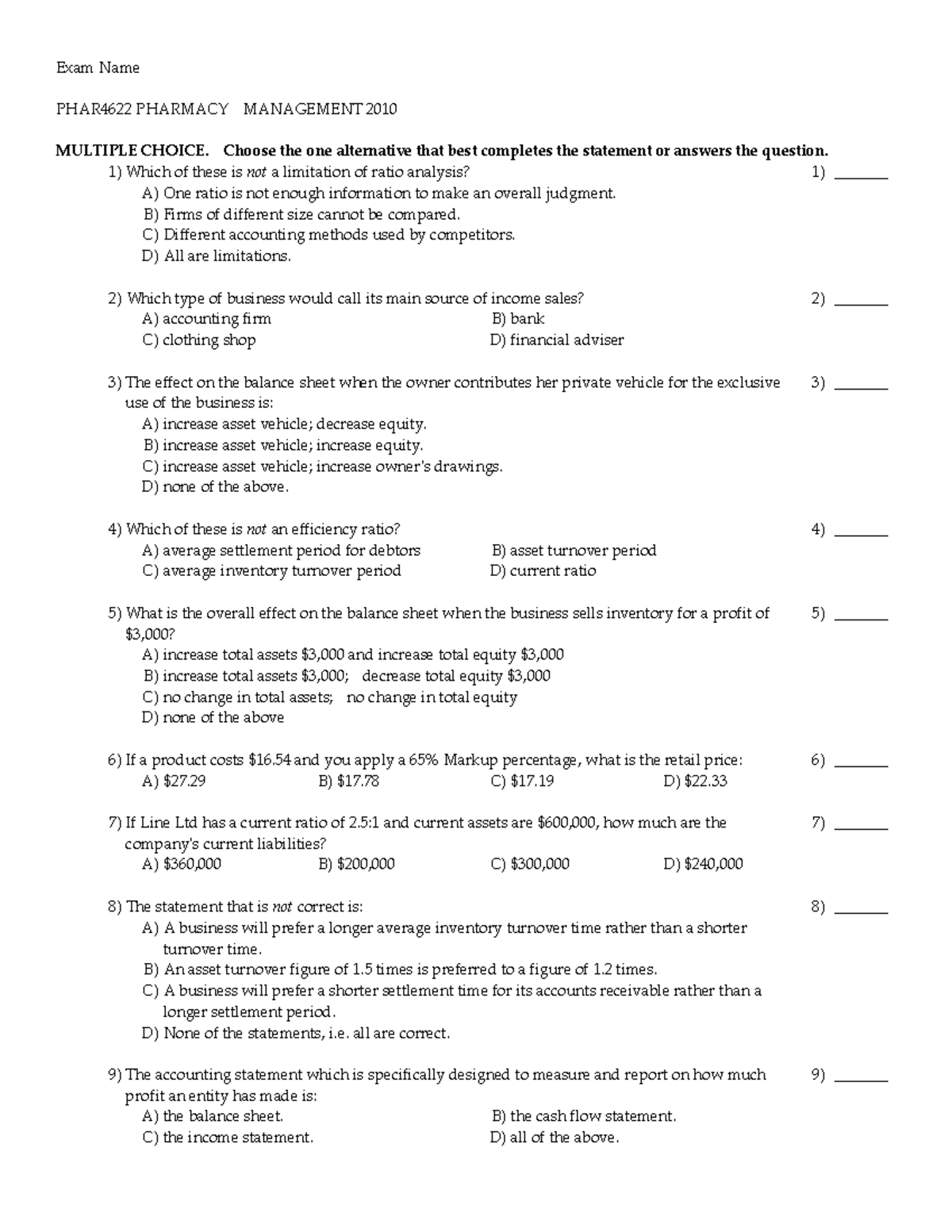 Past Paper A - pharmacy - Exam Name PHAR4622 PHARMACY MANAGEMENT 2010 ...