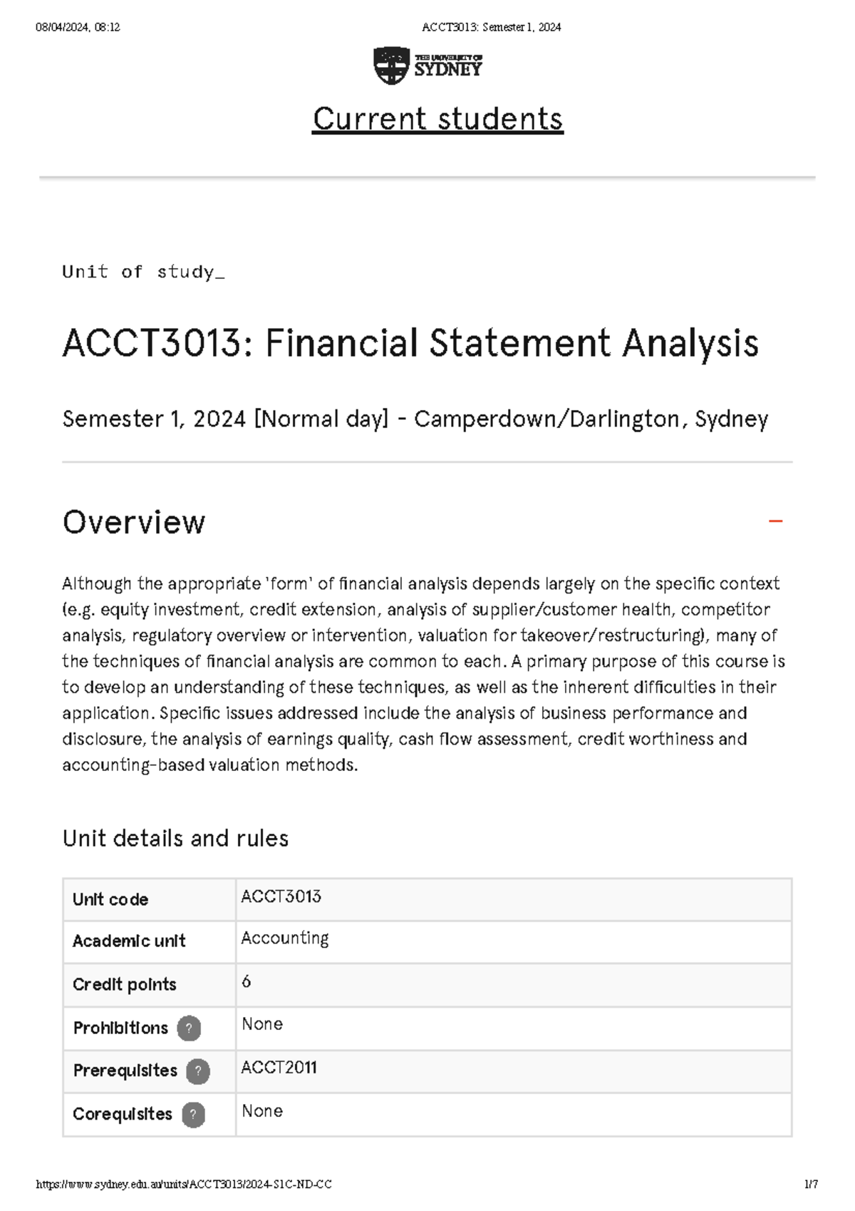 ACCT3013 UOS - Summary Financial Statement Analysis - 08/04/2024, 08:12 ...