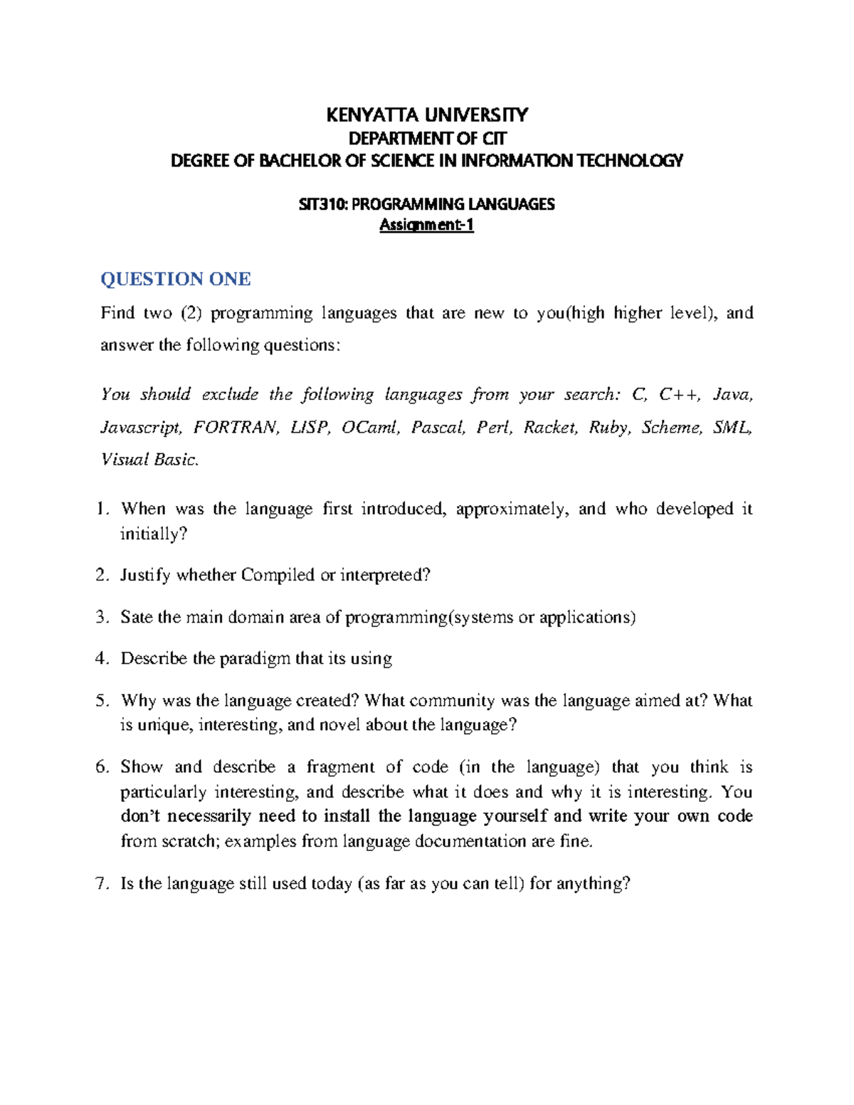 SIT310 Programming Languages Assignment - KENYATTA UNIVERSITY ...