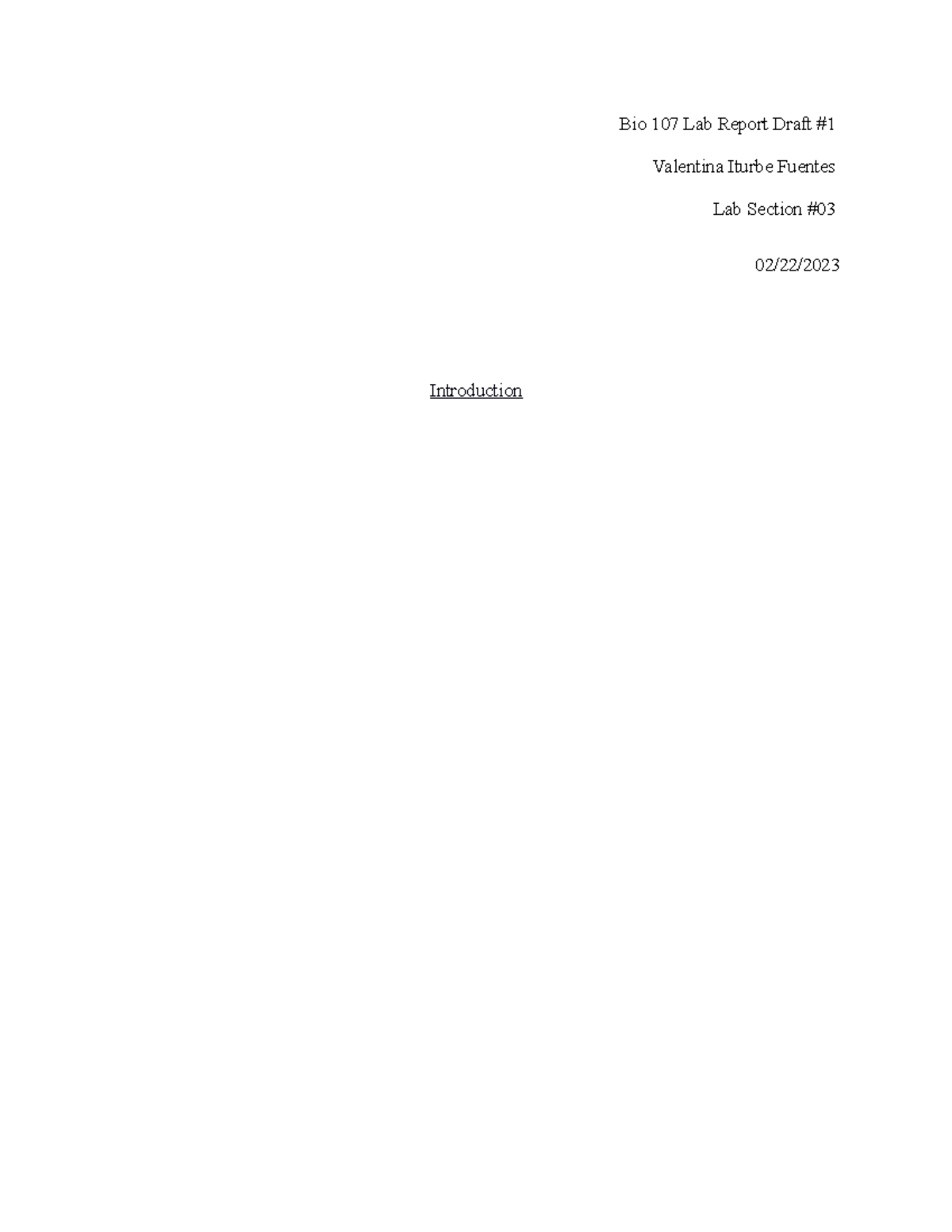 Biology 107 Draft Lab Report - Bio 107 Lab Report Draft # Valentina ...