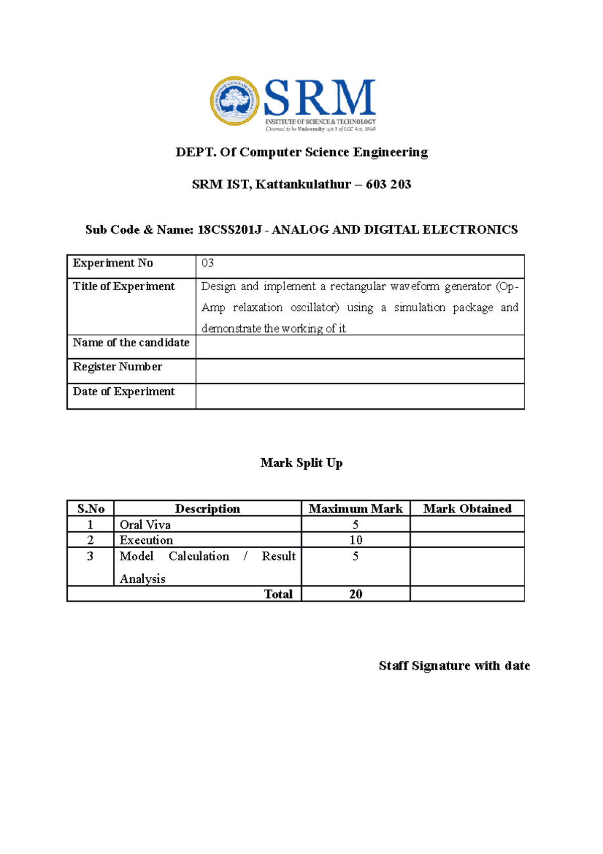 ADE Exp 3 - ADE EX-3 - DEPT. Of Computer Science Engineering SRM IST ...