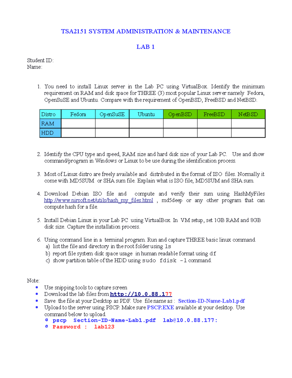 219172 Lab01 - SYS ADMIN AND MAINTEN - TSA2151 SYSTEM ADMINISTRATION ...