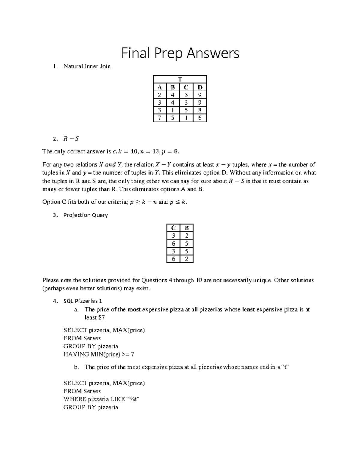Final Prep Answers V3 - Final Prep Answers Natural Inner Join T A B C D ...