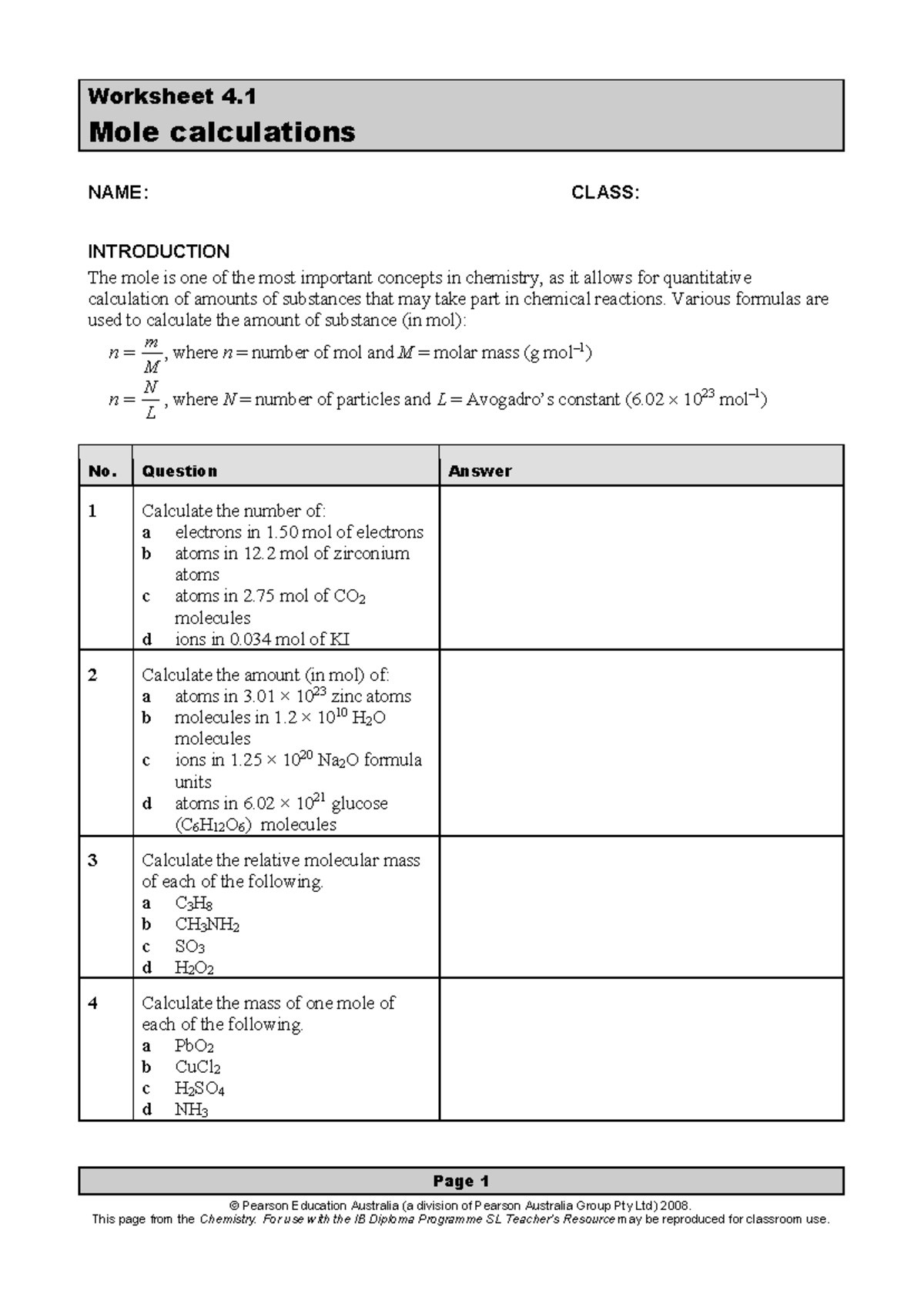 Calculating Moles - Worksheet 4. Mole calculations Page 1 © Pearson ...