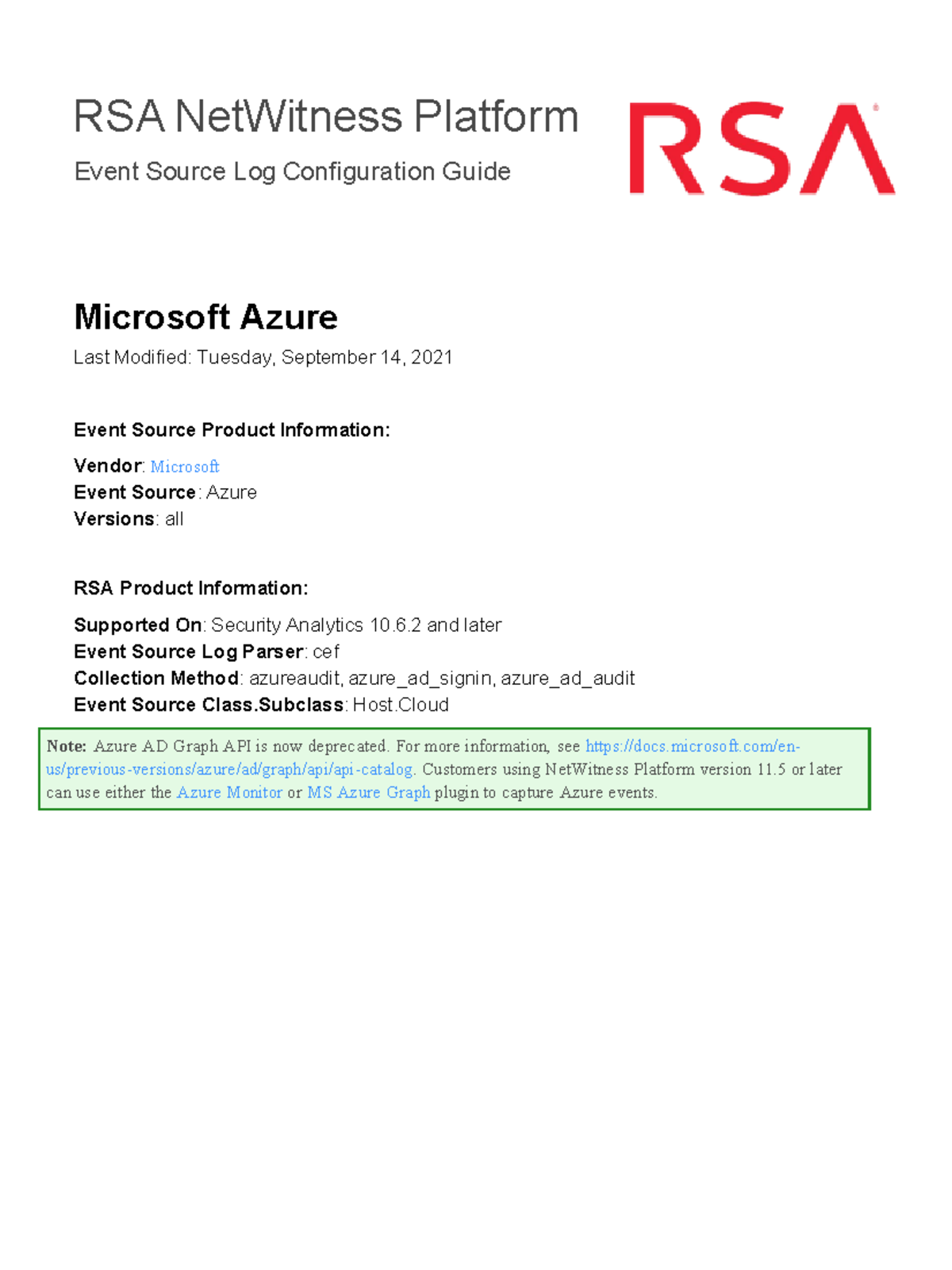 Azure - 07549 Cy SA+ 002 Product Guide - No Price Online - RSA NetWitness Platform Event Source ...