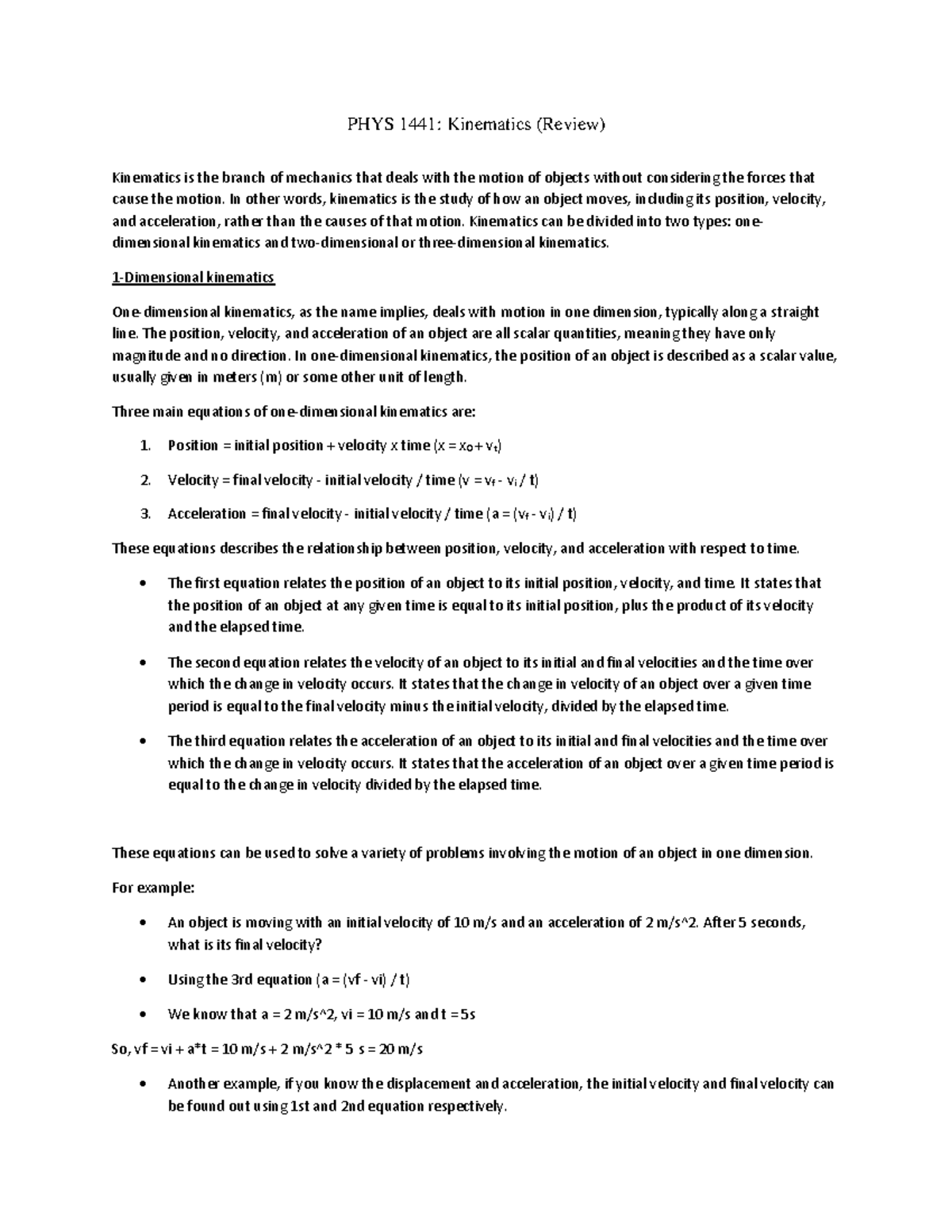 1-D Kinematics Introduction - PHYS 1441: Kinematics (Review) Kinematics ...