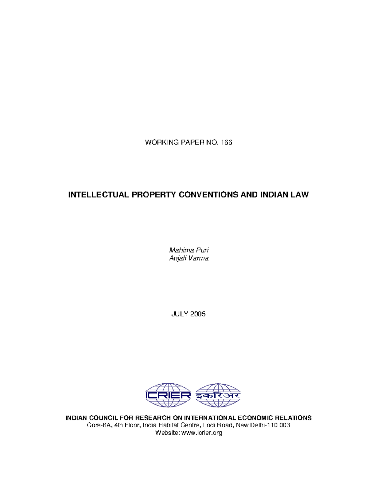 Conventions and indian law notes - WORKING PAPER NO. 166 INTELLECTUAL ...