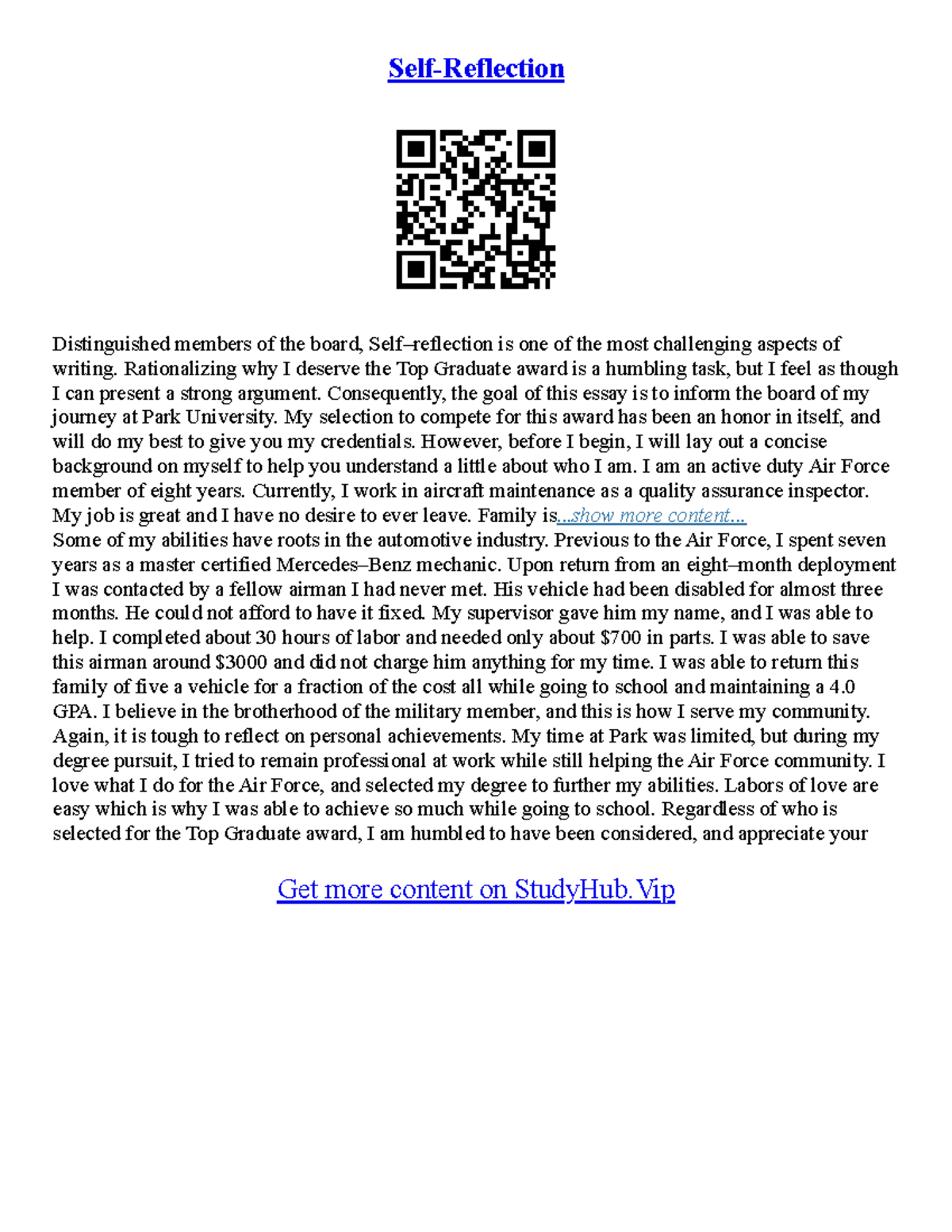 Self Reflection Essays - Self-Reflection Distinguished members of the ...