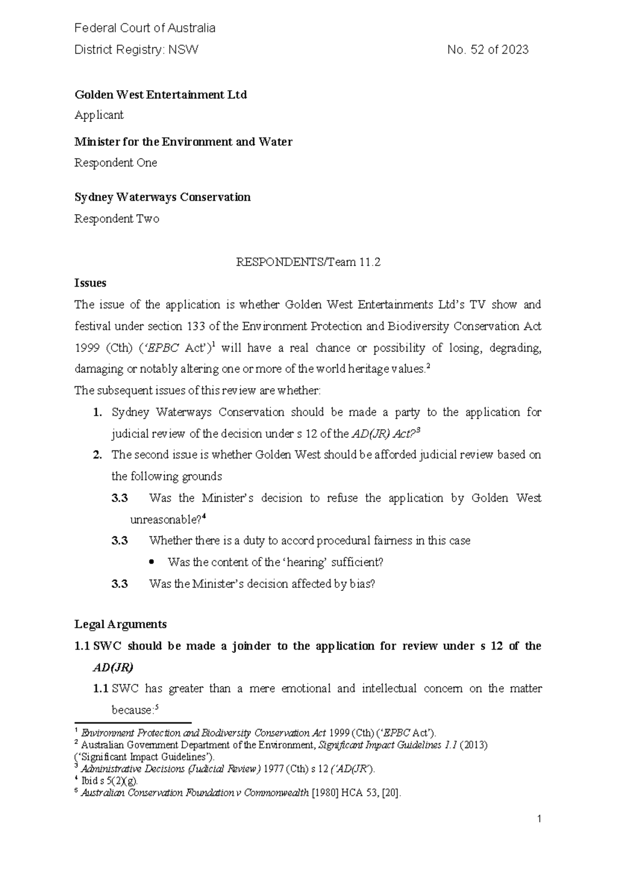 Moot Written Submission - District Registry: NSW No. 52 of 2023 Golden ...