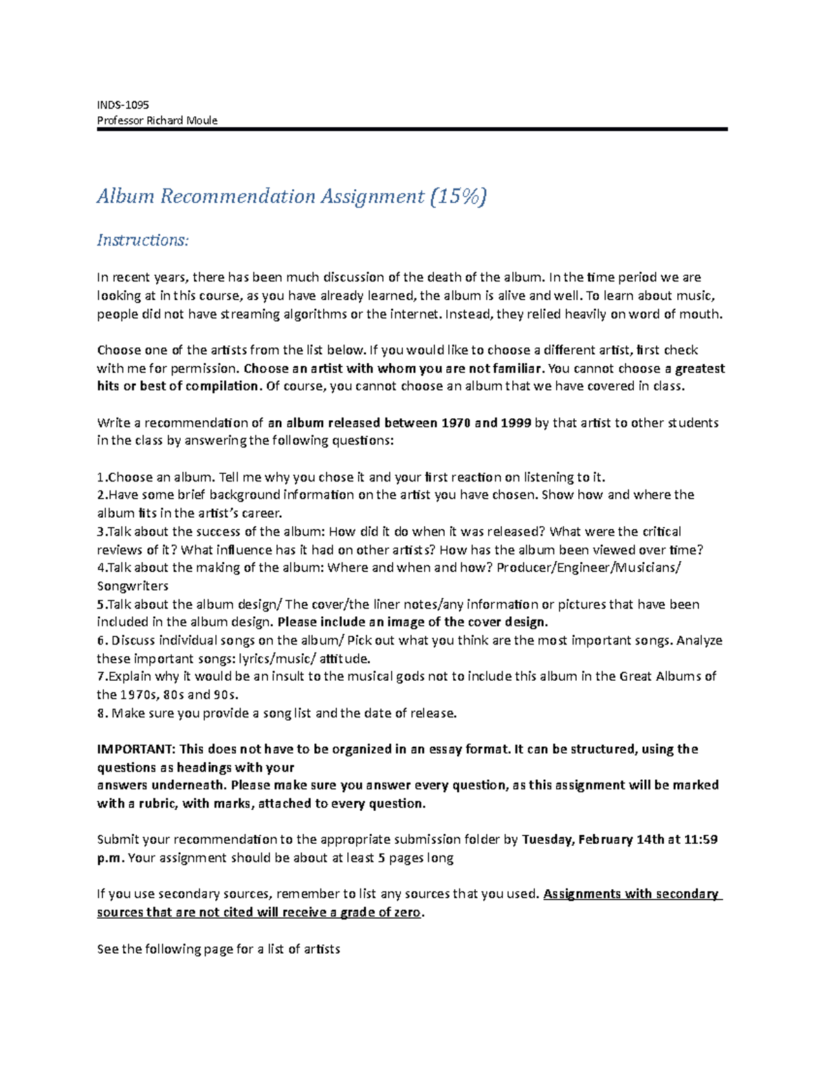 INDS-1095 Album Recommendation Assignment 1 - INDS- Professor Richard Moule Album Recommendation ...