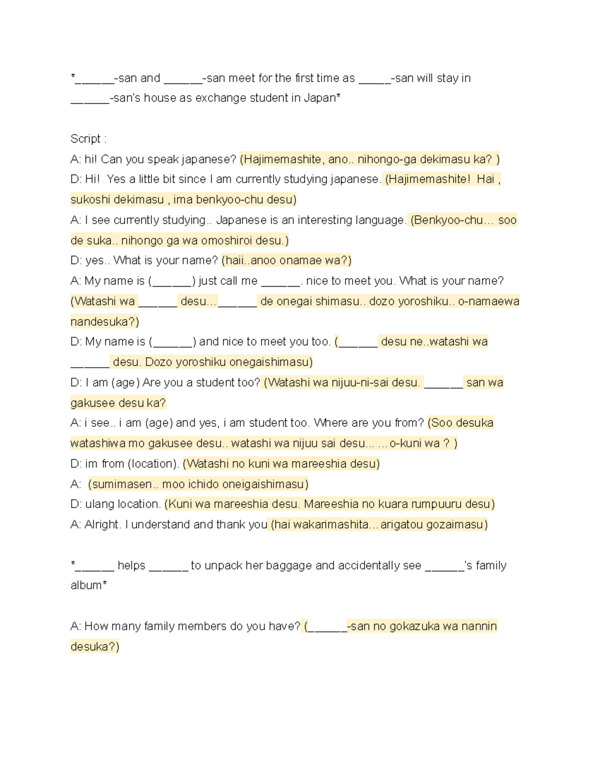 Japanese Script Oral simulation - ______-san and ______-san meet for ...