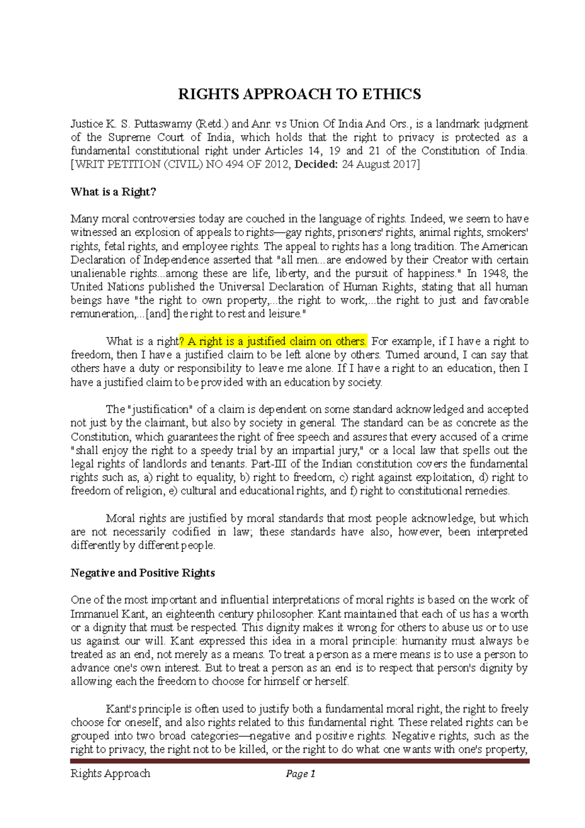 Rights Approach to Ethics - RIGHTS APPROACH TO ETHICS Justice K. S ...